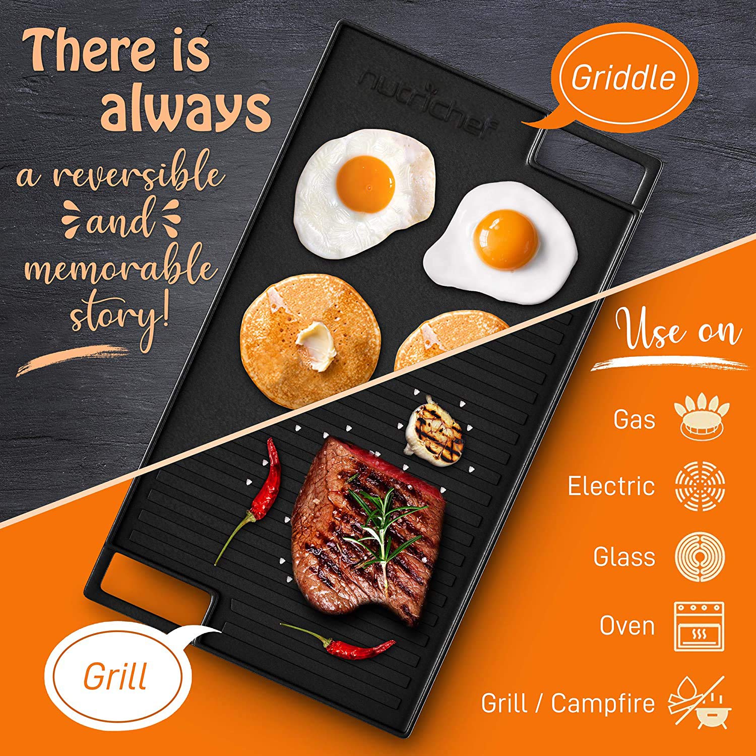 NutriChef 18 Inch Cast Iron Griddle Skillet Reversible Grilling Plate Pan For Stove Top with Heat Resistant Oven Grab Mitt, Black (2 Pack)