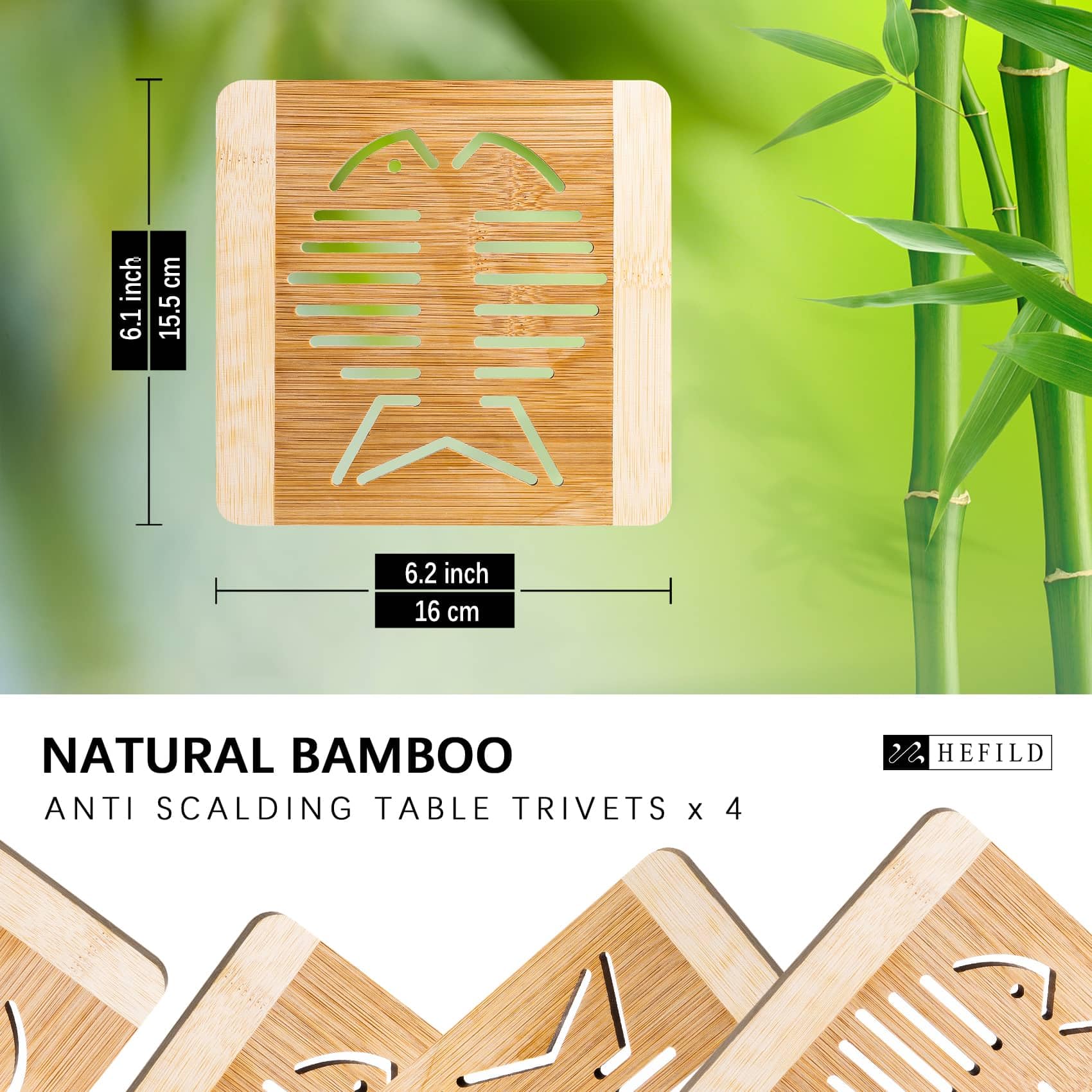 Hefild 4pcs Bamboo Trivets for Hot Dishes, 6x6 inch Fish-Shaped Wood Hot Pads for Countertops and Kitchen, Decorative Trivets for Hot Pots and Pan, Versatile Hot Pan Mat, Quartz Countertops Protection