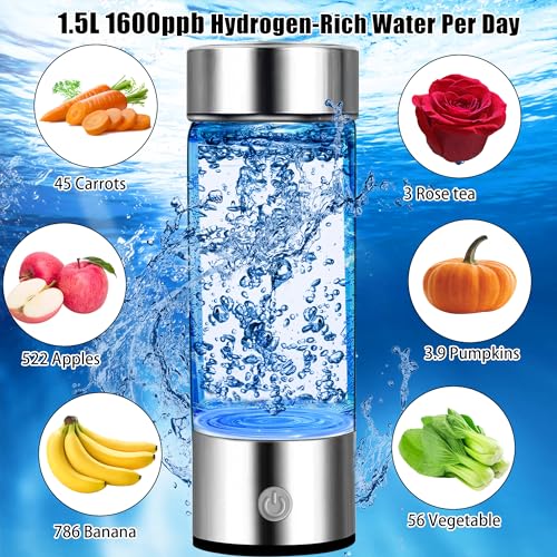 Hydrogen Water Bottle Generator, AquaHealth Hydrogen Water Bottles, 450ml Portable Rechargeable Hydrogen Water Ionizer Hydrogen-Rich Water Bottle Glass for Home (Silver)