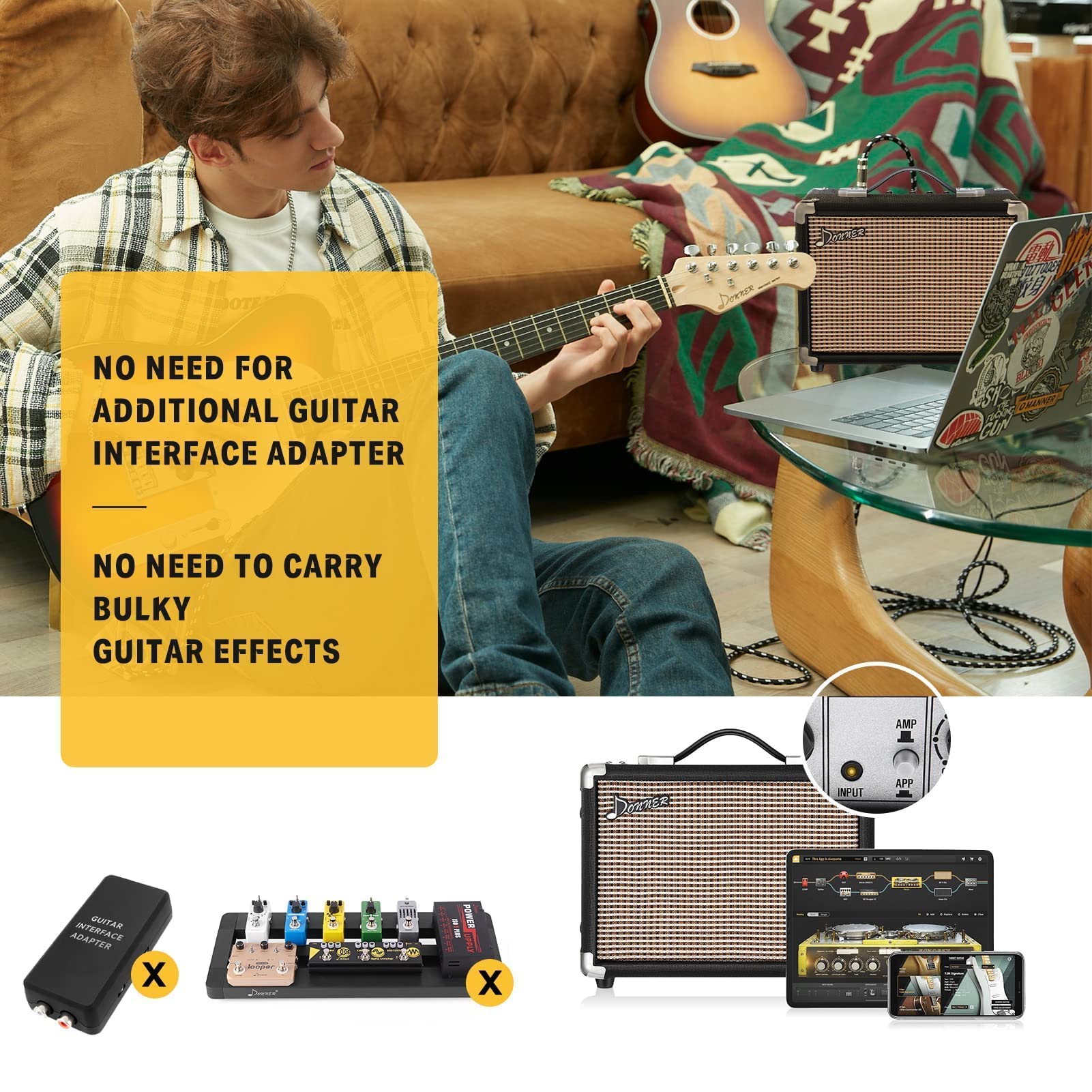 Donner DLP-124B LP Electric Guitar & 10W Guitar Amplifier, Electric Bass Guitar Amp Protable with APP Effector Input for Recording,Acoustic Guitar Combo Practice Amp Protable M-10 with Distortion Tone