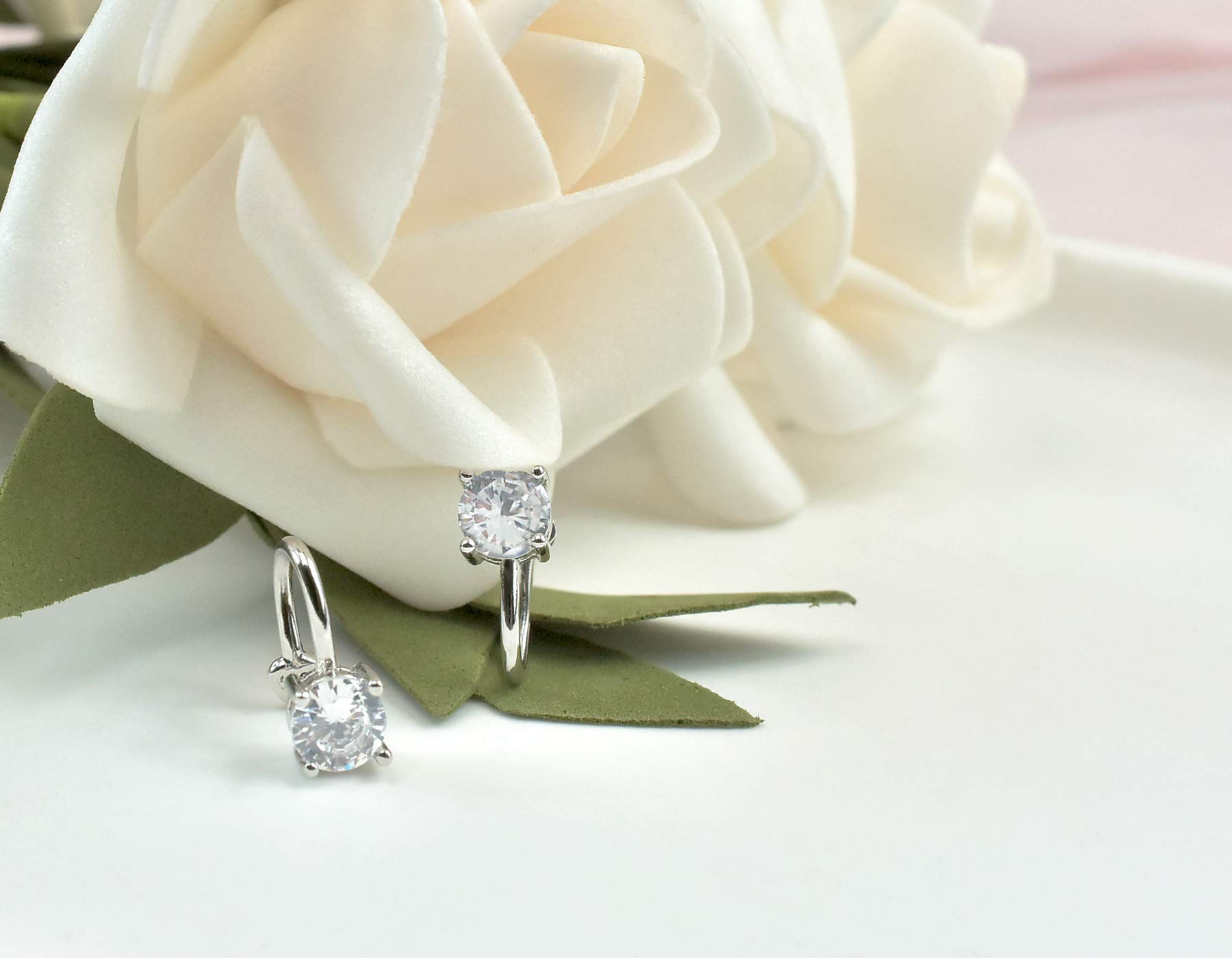 Cubic Zirconia Ear Cuffs - Sterling Silver Hypoallergenic Non-Piercing Cartilage Earrings CZ Clip on Earrings Round Crystal Stud Earrings for Women 6mm