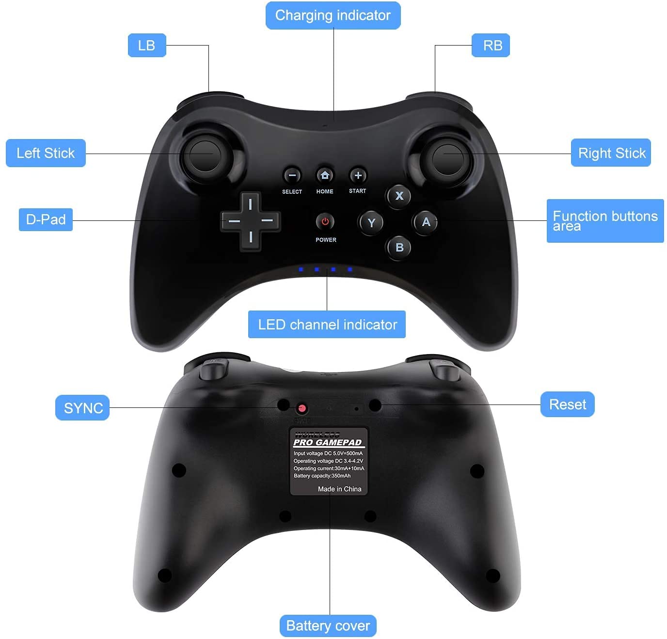 SIBIONO - Wireless Bluetooth Dual Analog Joystick for Nintendo Wii U Pro Controller Gamepad.