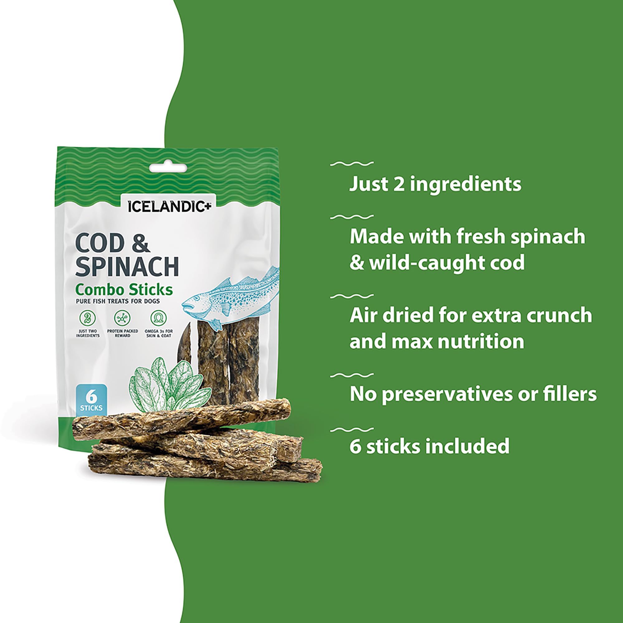 Icelandic+ Combo Sticks: Cod & Spinach - 2oz - Dog Treats, Crunchy 2 Ingredient Pet Snacks, Preservative Free, Wild Caught Fish, Slow Baked, Natural