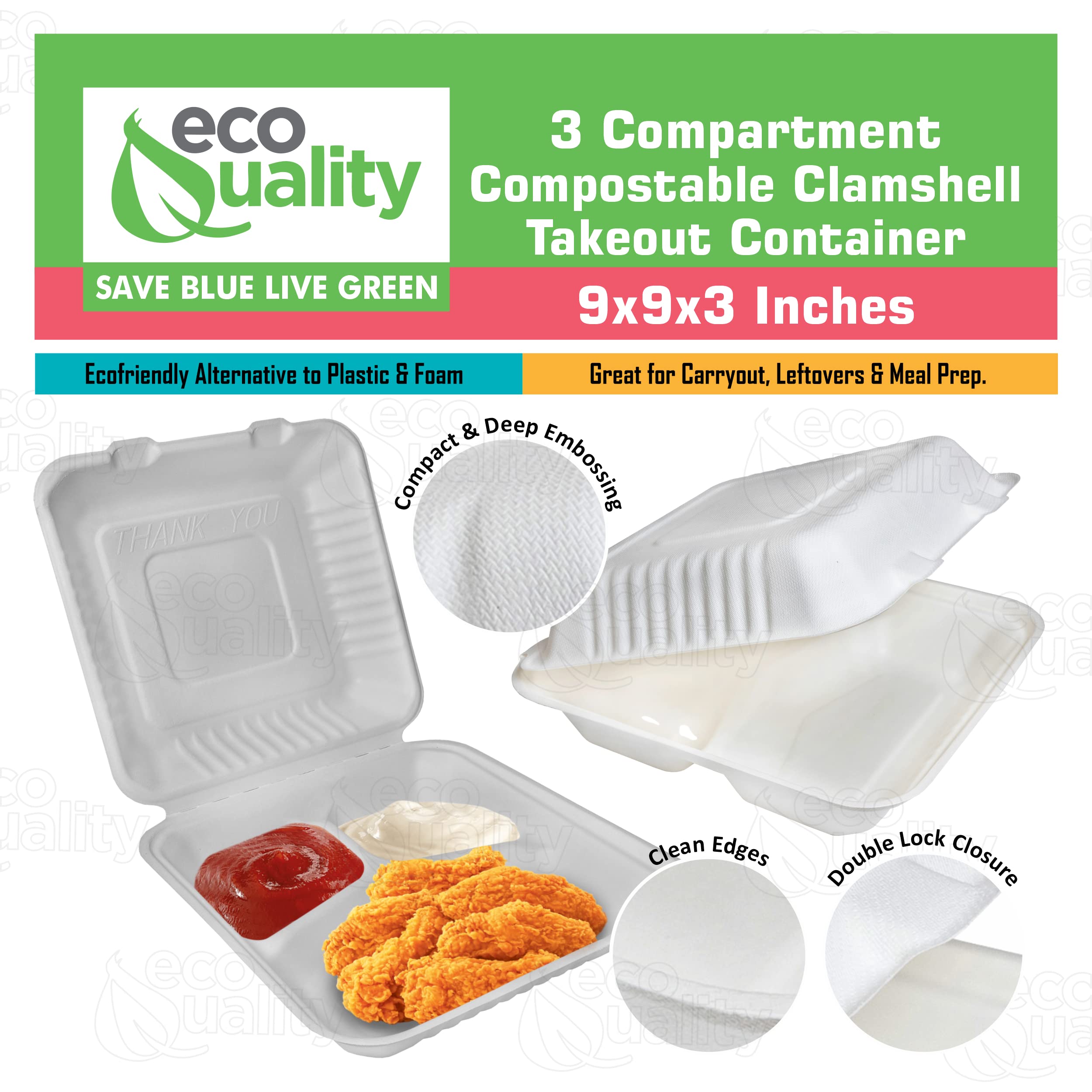 Compostable 3-Compartment Hinged Clamshell Take Out Food Containers 9x9x3,Heavy Duty Quality Square Disposable to go Containers, Eco-Friendly Takeout Box, Restaurants, Food Trucks (25)