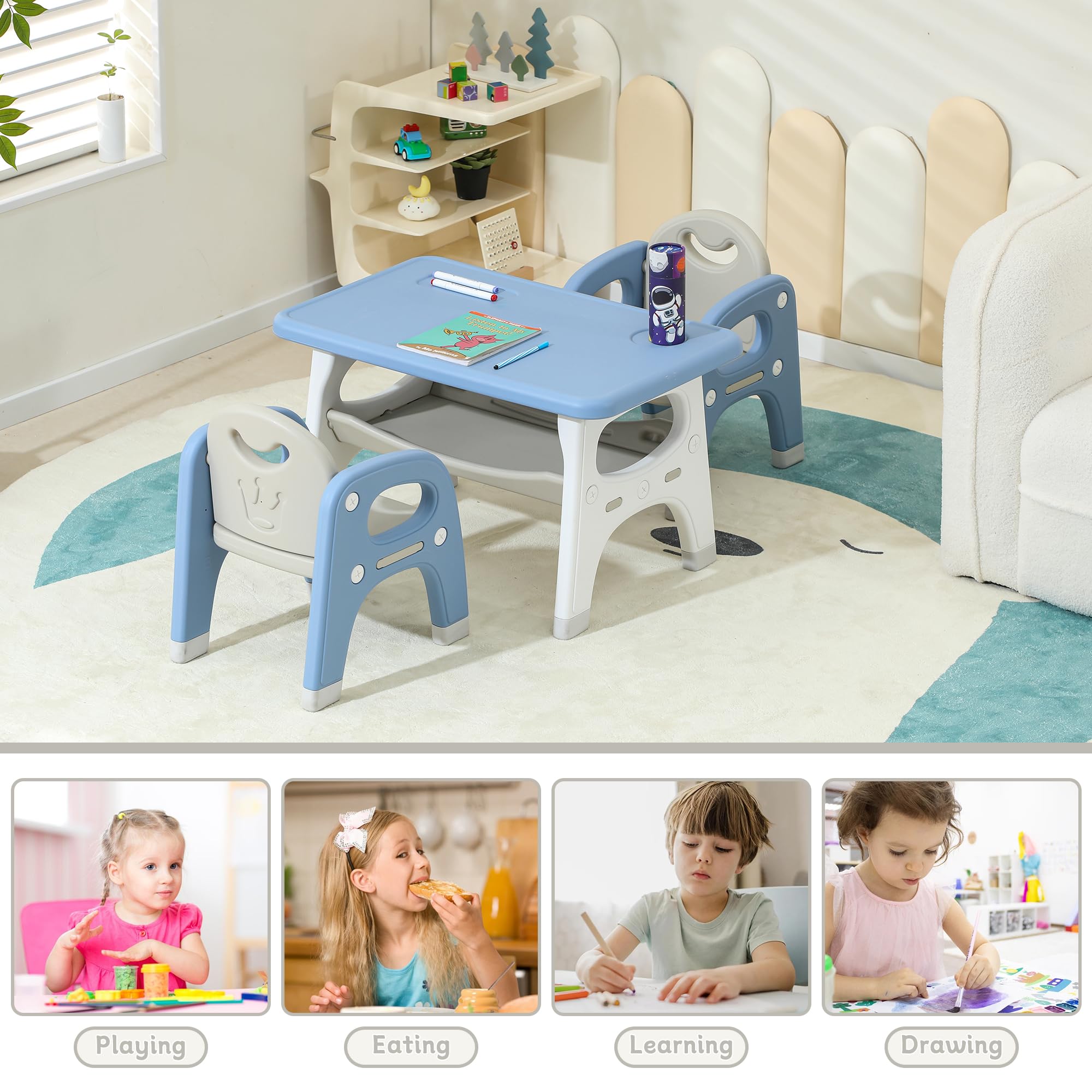 IFLETH Kids Table with Storage Space, Kids Table and Chairs, Toddler Table and Chair Set, Kids Table for Ages 3-8, Childrens Table and Chair Set for Classroom, Home