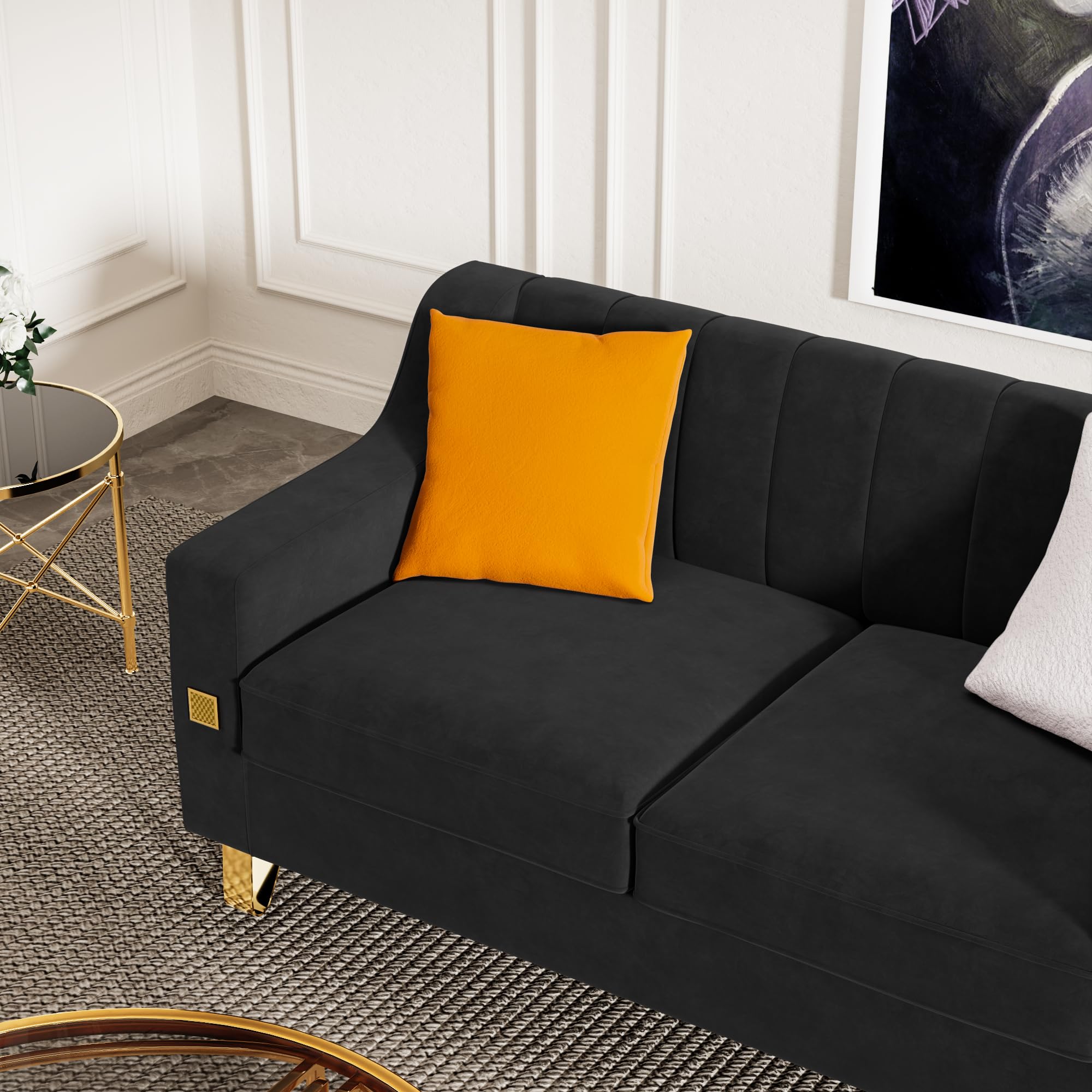 Mid-Century Modern 3 Seater Sofa Couch 82" Blue Velvet Sectional Sofa with Gold Legs and 3 Throw Pillows Large Upholstered Deep Seat Comfy Couch Sofa for Living Room Office Apartment Small Space