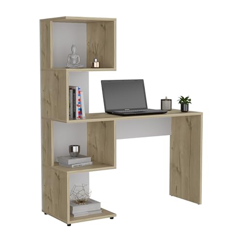 Computer Desk with Four-Tier Storage Shelves, Light Oak/White