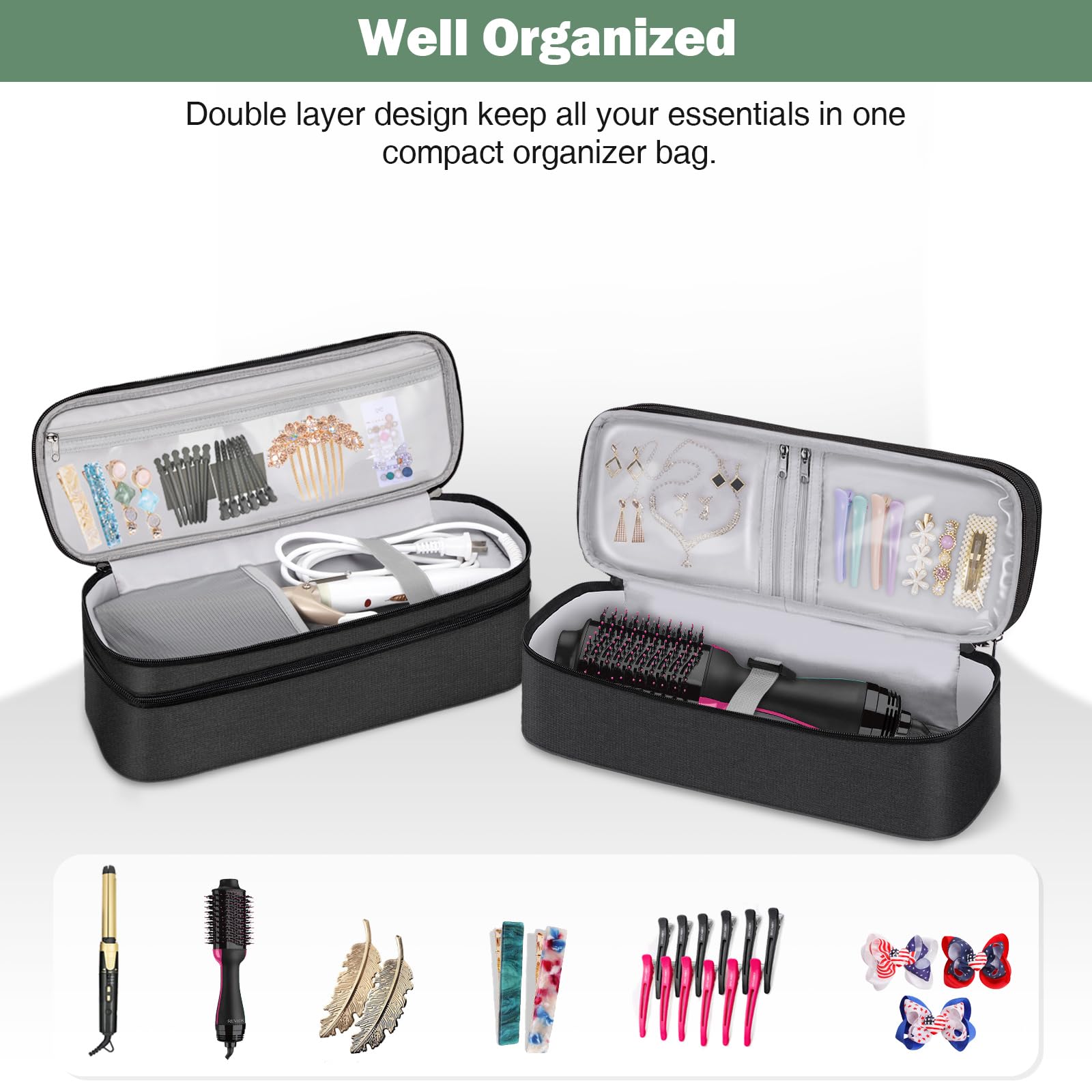 SITHON Double-Layer Travel Carrying Case for Shark FlexStyle/SmoothStyle, Water Resistant Storage Organizer Bag for Airwrap Styler, Also for Revlon One-Step Hair Dryer (Bag Only) (Black)