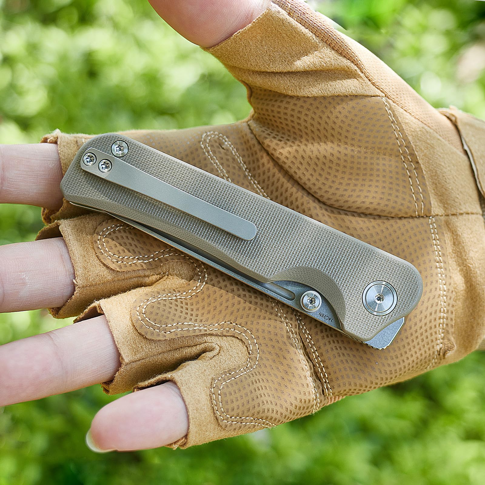 Miguron Knives M Pagos Front Flipper Folding Knife 3.16" Stonewash 14c28n Blade Tan G10 Handle Camping Hiking Pocket Knife MGR-807STN