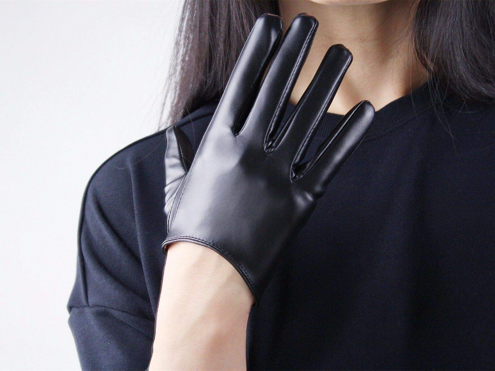 DooWay Women's Black Short Leather Gloves Touchscreen Faux Lambskin Leather Soft Cool Handmade Unlined for Evening Costume Party Dress 16cm