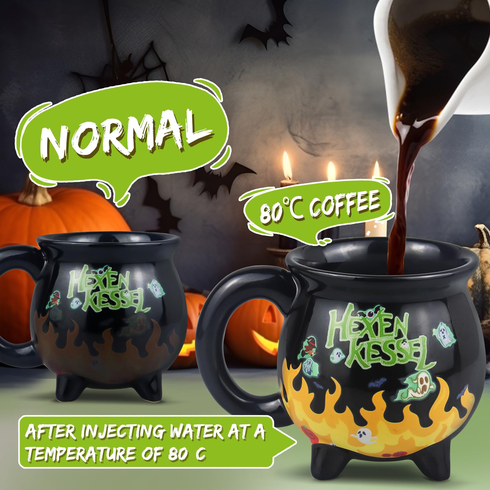 iMiibel Witch Brew Cauldron Mug, Halloween Ceramic Coffee Mug, 300ml/10oz, Color Changing Cauldron Mug, Cute Halloween Water Cups, Birthday Halloween Gifts