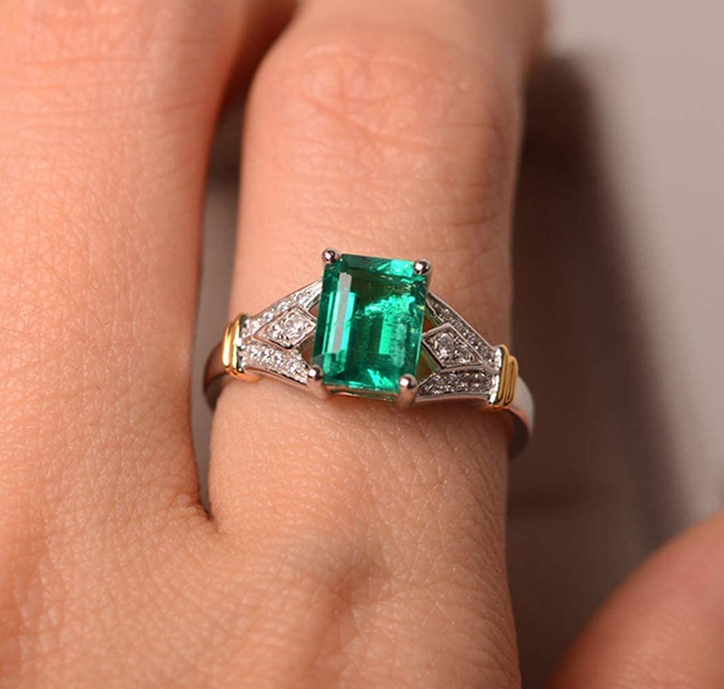 Cuteshop Elegant Women 14k White Gold Filled Sterling Silver Square Cut Emerald Gemstone Birthstone CZ Crystal Wedding Bridal Band Ring Size 6-10 (7)