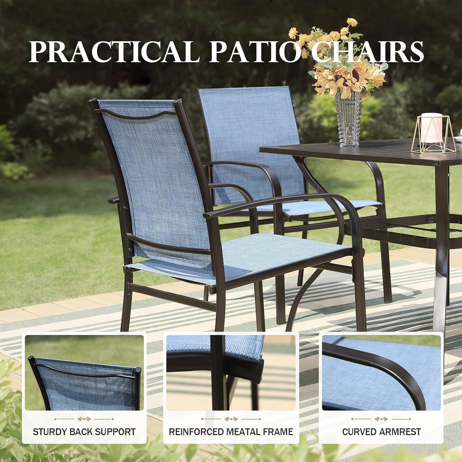 HERA'S HOUSE Outdoor Dining Chairs Set of 6, 36" Textilene Fabric Patio Chairs with Wrought Iron Metal Frame Support 350lbs for Lawn Backyard Garden Kitchen, Blue
