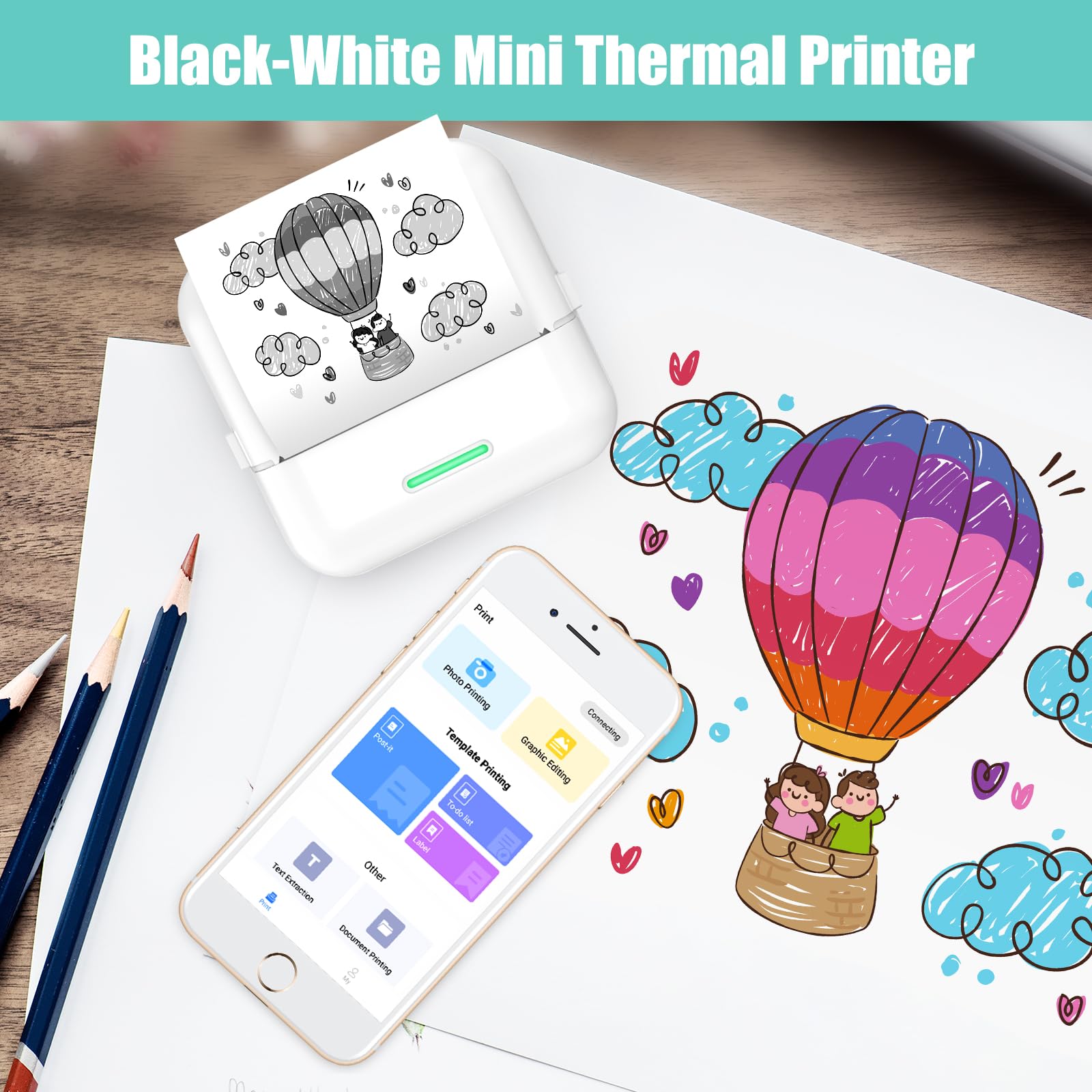 Mini Thermal Printer, Portable Inkless Photo Printer with 8 Rolls Continuous Paper, Pocket Printer Sticker Maker for Study Notes, Labels, Journal, USB Rechargable Mini Printer for iOS Android