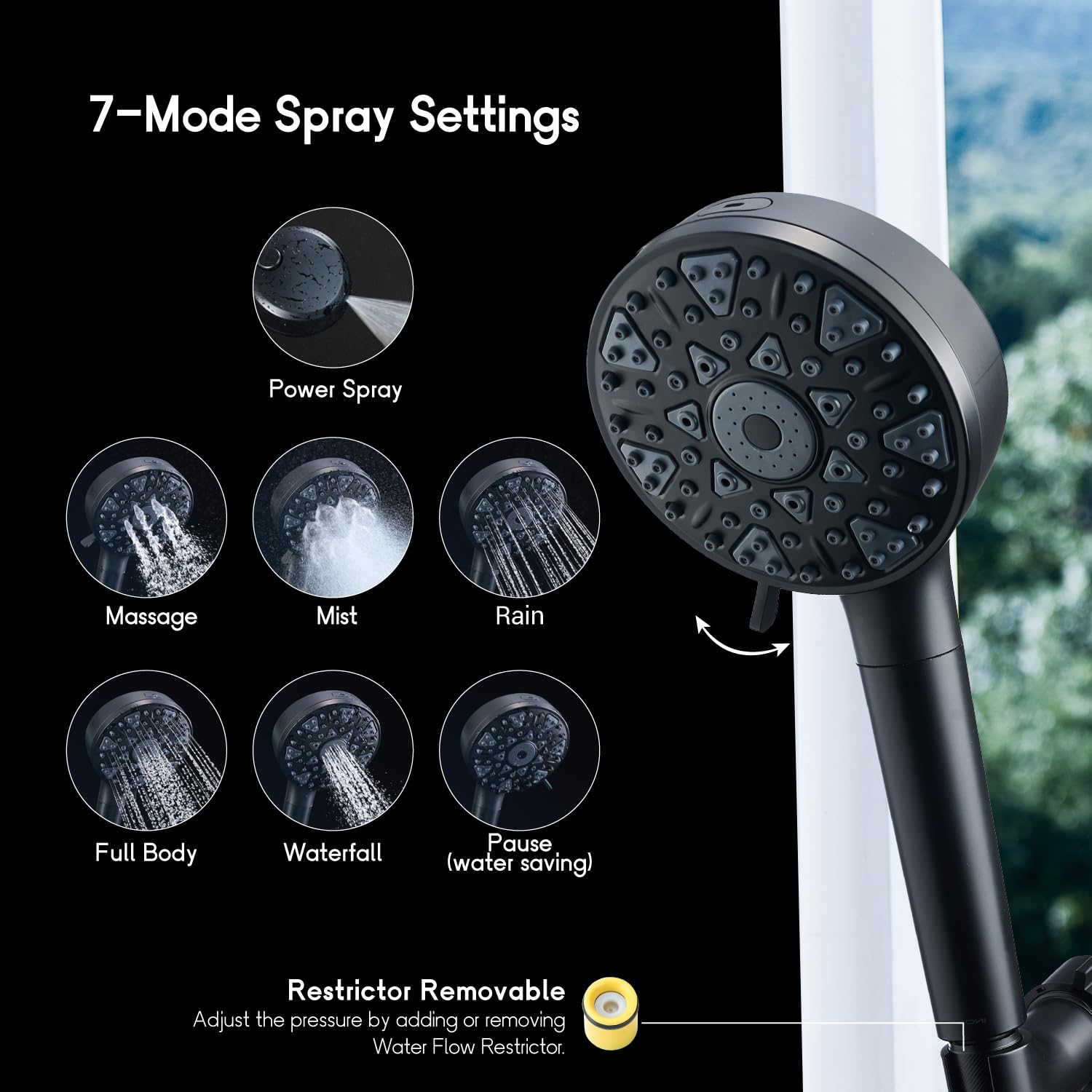 InoFlow High Pressure Filtered Shower head with Handheld 7 Modes, 5β High Flow Hand Held Hydro Rain Showerhead with 60" Stainless Steel Hose and Adjustable Bracket, Matt Black