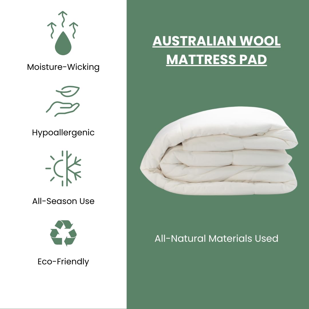 OrganicTextiles 100% Natural Australian Wool Mattress Pad with Organic Cotton Cover (King Size), Moisture Wicking, Luxurious Soft Feel, Baffle Box Stitching, Temperature Regulation, Machine Washable
