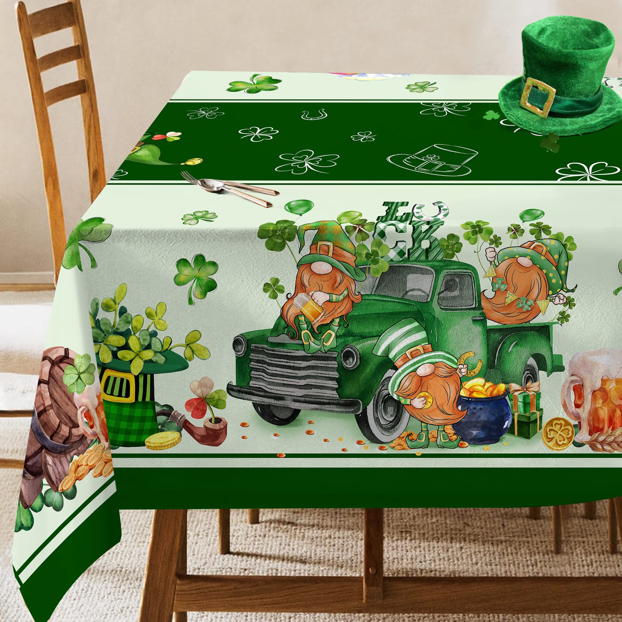Hexagram St Patricks Day Tablecloth, Green Tablecloth Rectangle 60x84 inch, Gnomes Truck Gold Coins Holiday St Patricks Day Decorations for Home,Dinner,Party