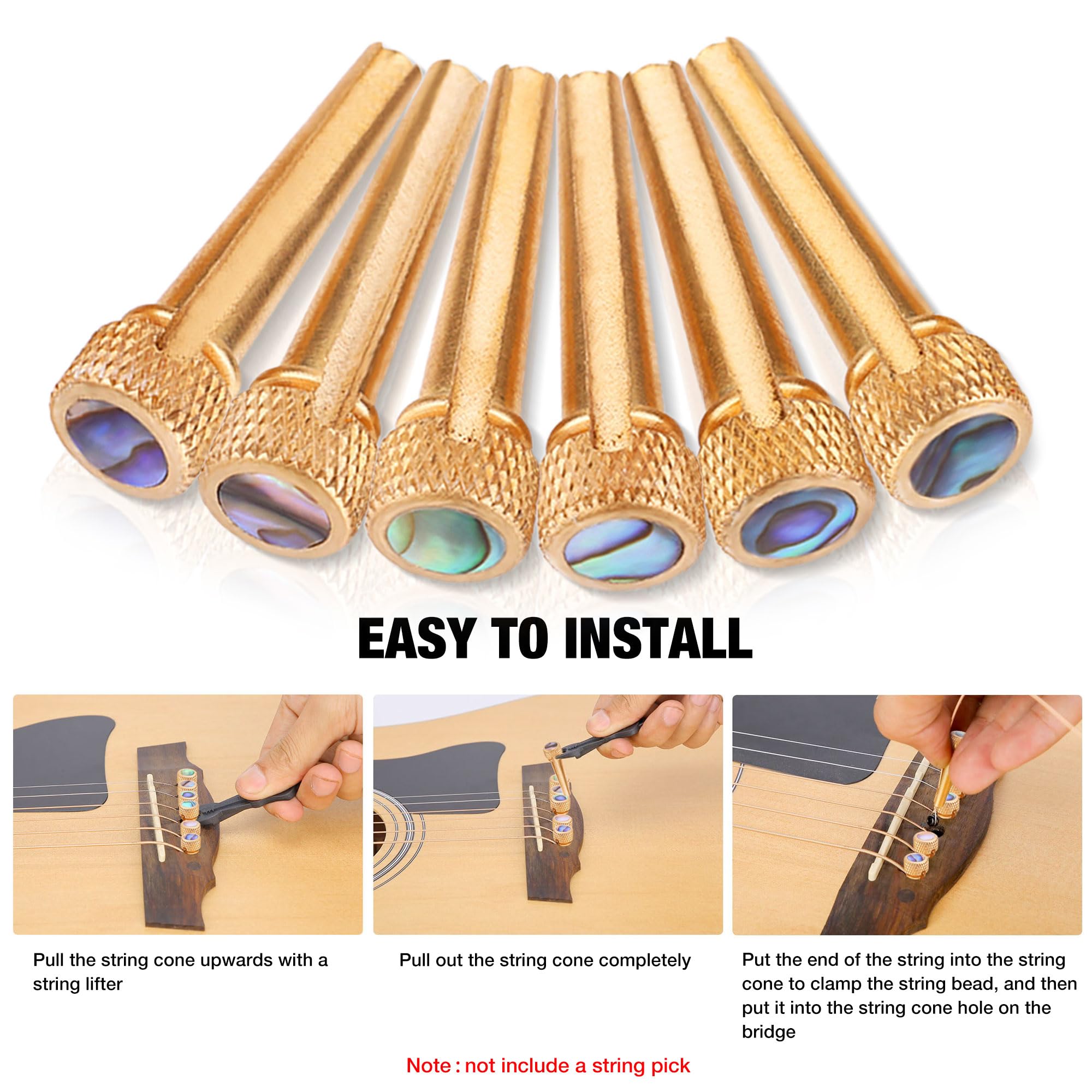 Tbest 6Pcs Guitar Bridge Pins,Brass Bridge Pins for Acoustic Guitar Bridge Pins- Endpin Inlaid Abalone Dot Acoustic Guitar Replacement Parts(Rose Gold)