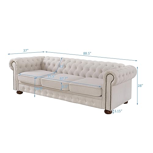 ERYE Clasic Chesterfield 3 Seaters Sofa Couch W/Luxury Roller Armrest Soild Wood Legs Linen Fabric Upholstered Button Tufted Sofa&Couch with Removable Cushions & Nailhead Decor