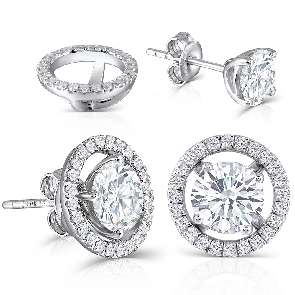 DovEggs 10K White Gold Post 2ct 6.5mm G-H-I Color Created Moissanite Stud Earring with Jackets Push Back k Gold QUALITY Silver Earrings for Women