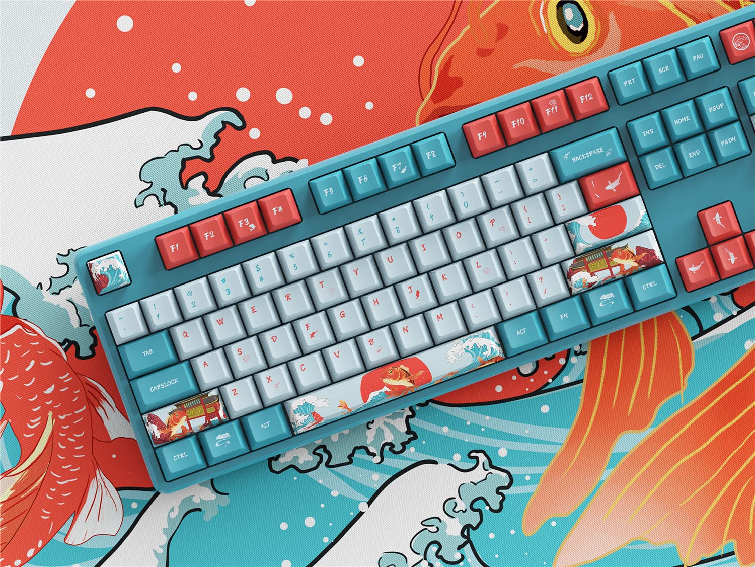DAGK Dragon Gate Koi PBT Dye Sublimation Upgrade 128 Keycap Set Cherry Profile Keycaps Keyset with Puller for Cherry Mx Gateron Kailh Switch Mechanical Keyboard Upgraded Coral Sea…