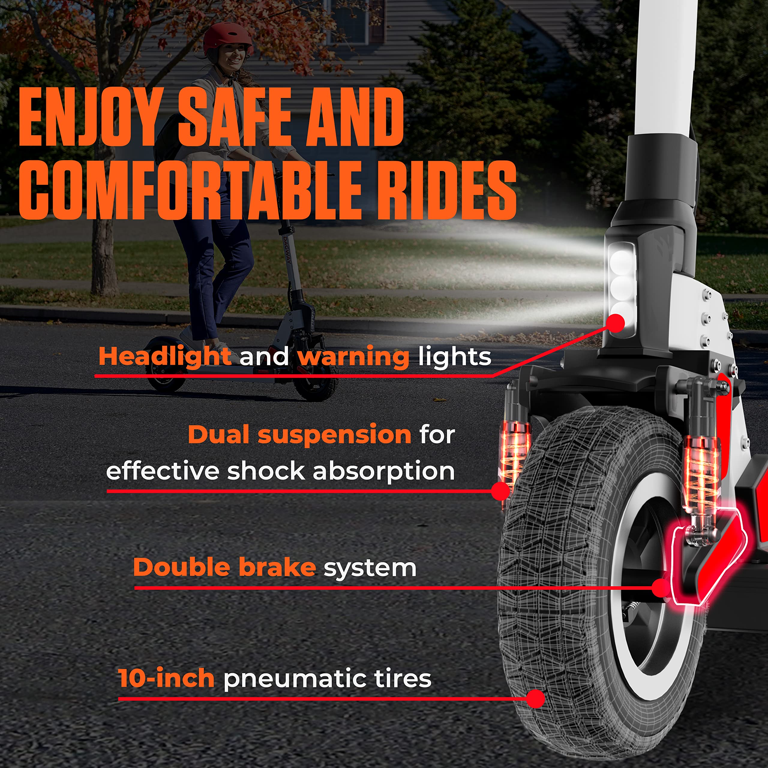 DAGWAY - Ultra Long-Range 56-Mile Electric Scooter for Adults and Kids, Sleek Foldable Electric Scooter, Fast-Charging 500W Motorized Scooter, with Front and Rear Wheel Shock Absorbers (White)