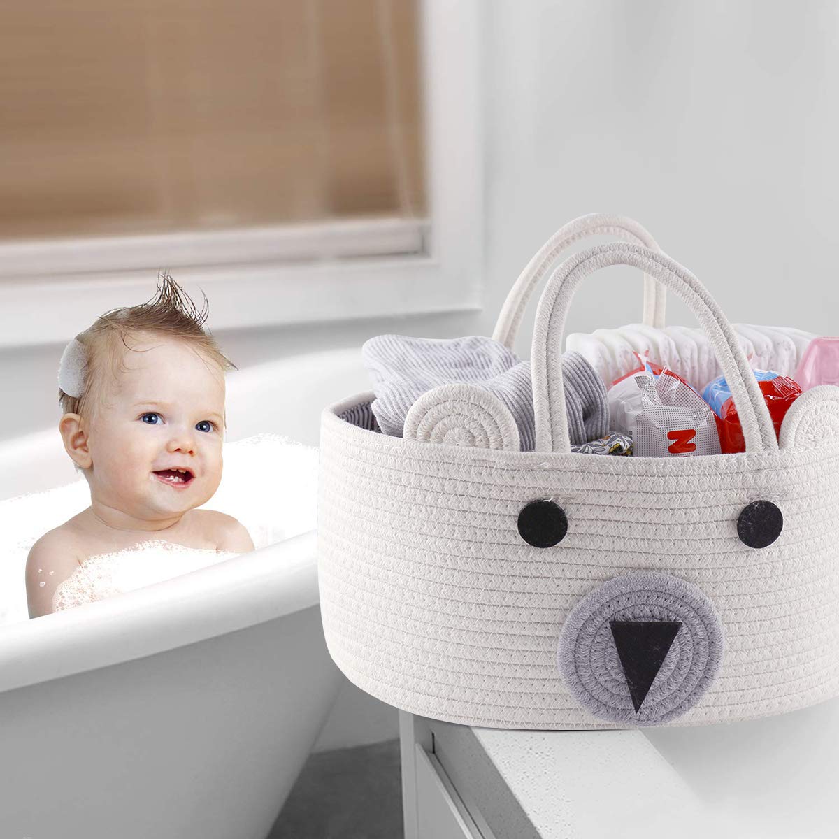 Conthfut Baby Diaper Caddy Organizer 100% Cotton Canvas Stylish Rope Nursery Storage Bin Portable Tote Bag & Car Organizer For Changing Table- Top Baby Shower Basket (White)