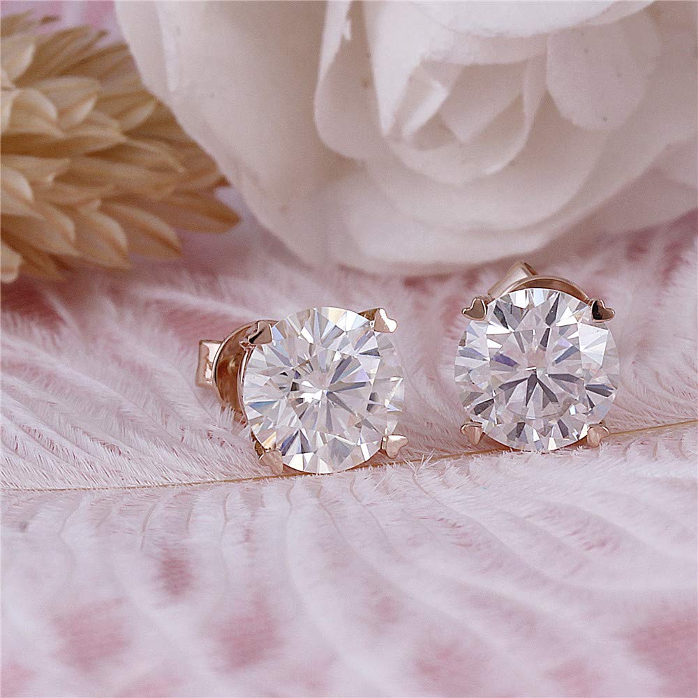 DovEggs Solid 14K Rose Gold 2ct 6.5mm G-H-I Color Heart Arrows Cut Moissanite Stud Earrings Push Back for Women