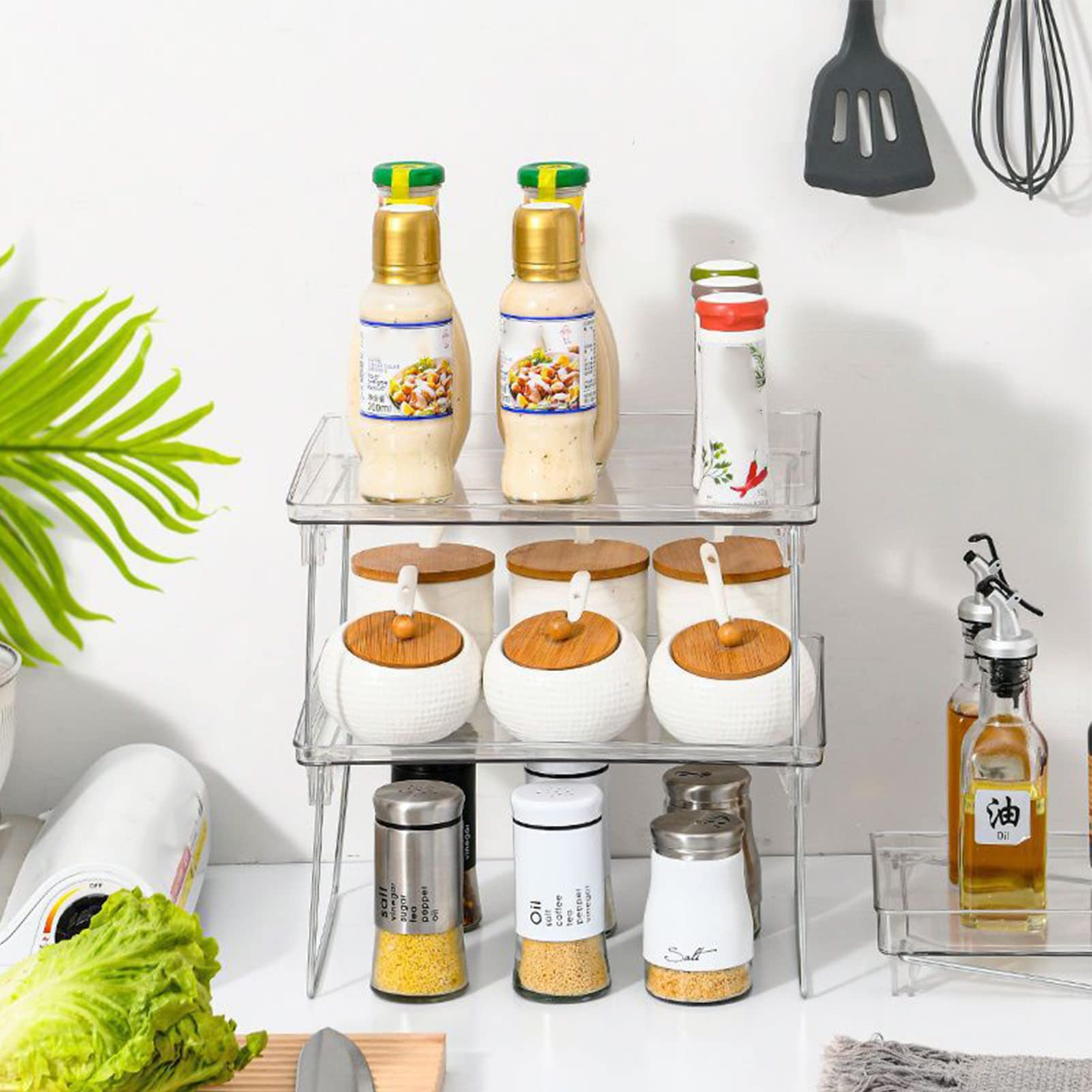 Estink Stackable Clear Organizer, Plastic Transparent Stackable Countertop Shelves Tabletop Storage Rack for Makeup Kitchen Utensils Cosmetics Stationery Bathroom Supplies Organization