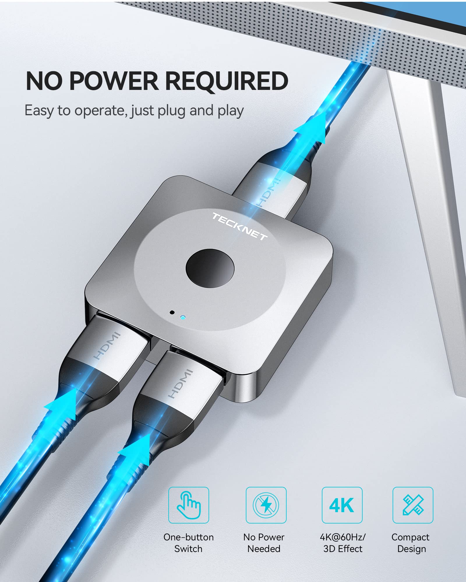 TECKNET HDMI Switch 4k@60hz Splitter, Aluminum Bidirectional HDMI Switcher 2 in 1 Out, Manual HDMI Hub Supports HD Compatible with Xbox PS5/4/3 Blu-Ray Player Fire Stick Roku(Cable is not Included)