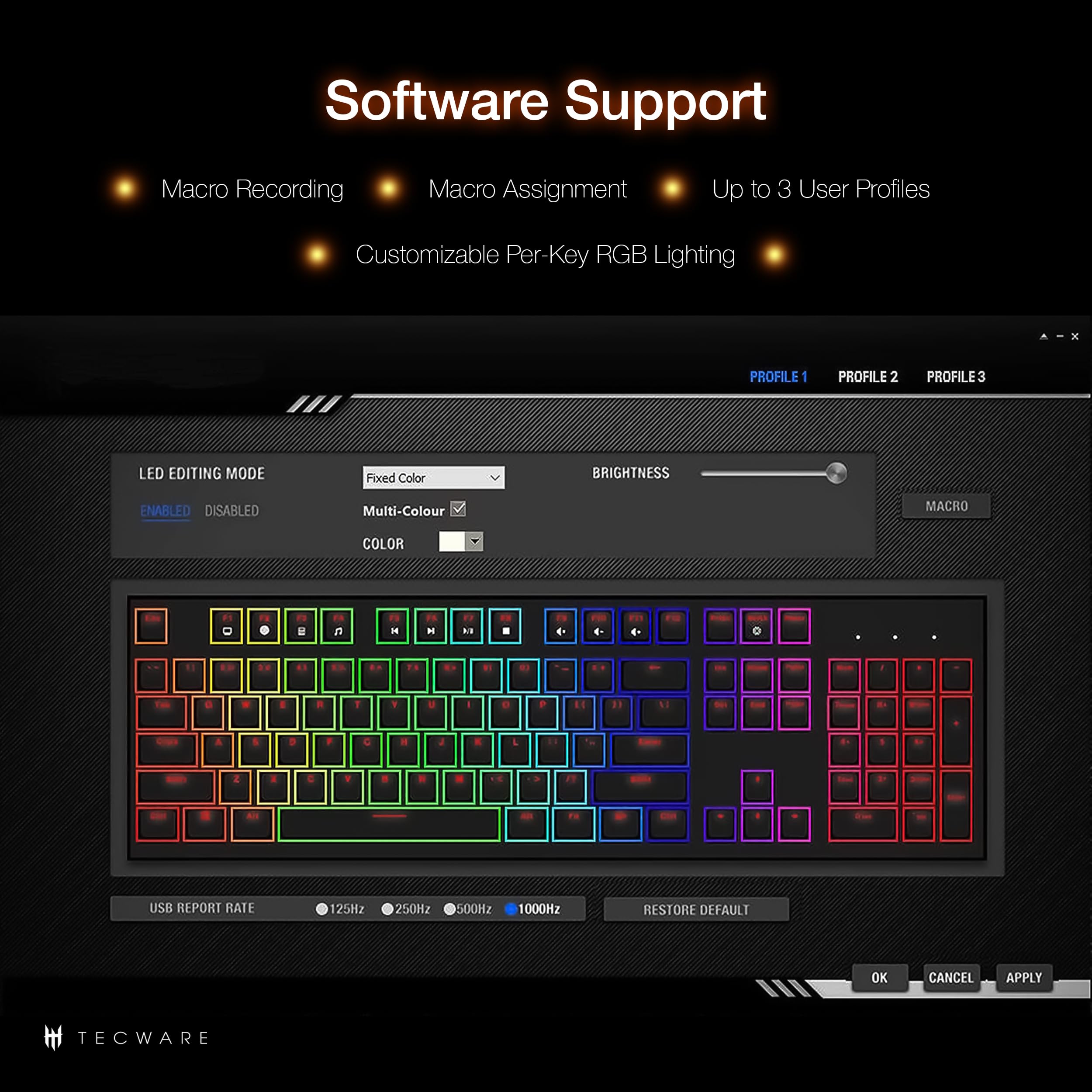 TECWARE Phantom 104 Key Full Size RGB Mechanical Gaming Keyboard with Numpad, LED Backlit, Typewriter Sound, Clicky Switch, Outemu Blue