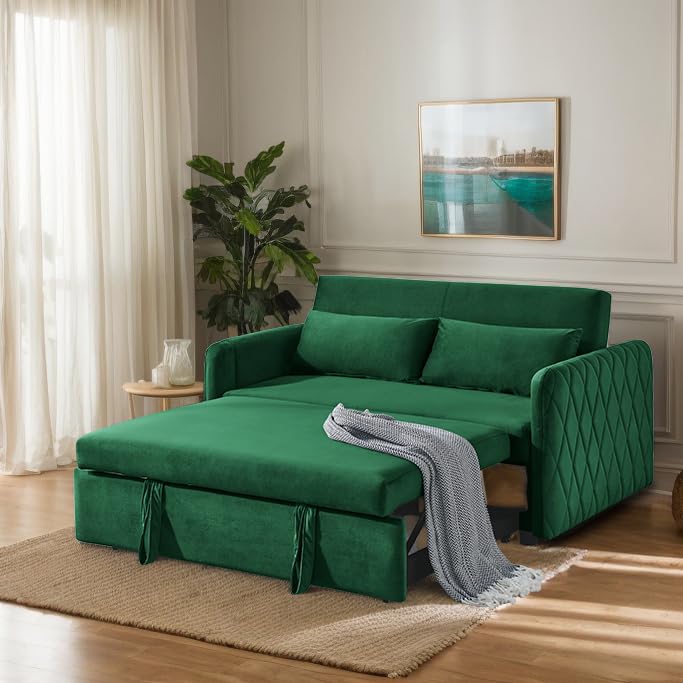 Mofolit Convertible Loveseat Modern Sleeper Sofa Bed, 3-in-1 Adjustable Sleeper Sofa Couch w/Pull-Out Bed, Pillows & Side Pocket & Velvet for Living Room,Apartment,Small Space 55.5β (Green)