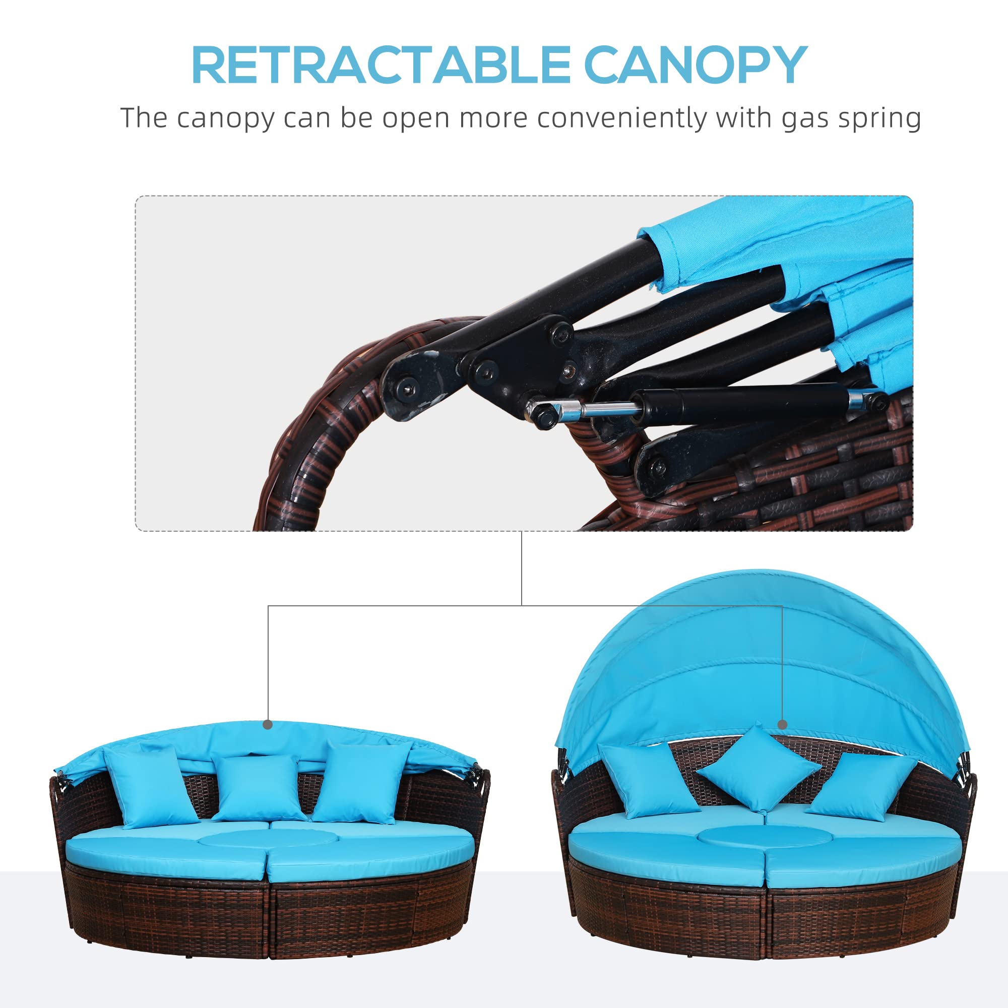 Outsunny 4-Piece Round Convertible Daybed with Cushions, Outdoor PE Rattan Patio Wicker Sofa Set, Sunbed with Adjustable Sun Canopy, Sectional Sofa, 2 Chairs, Table, 3 Pillows, Light Blue
