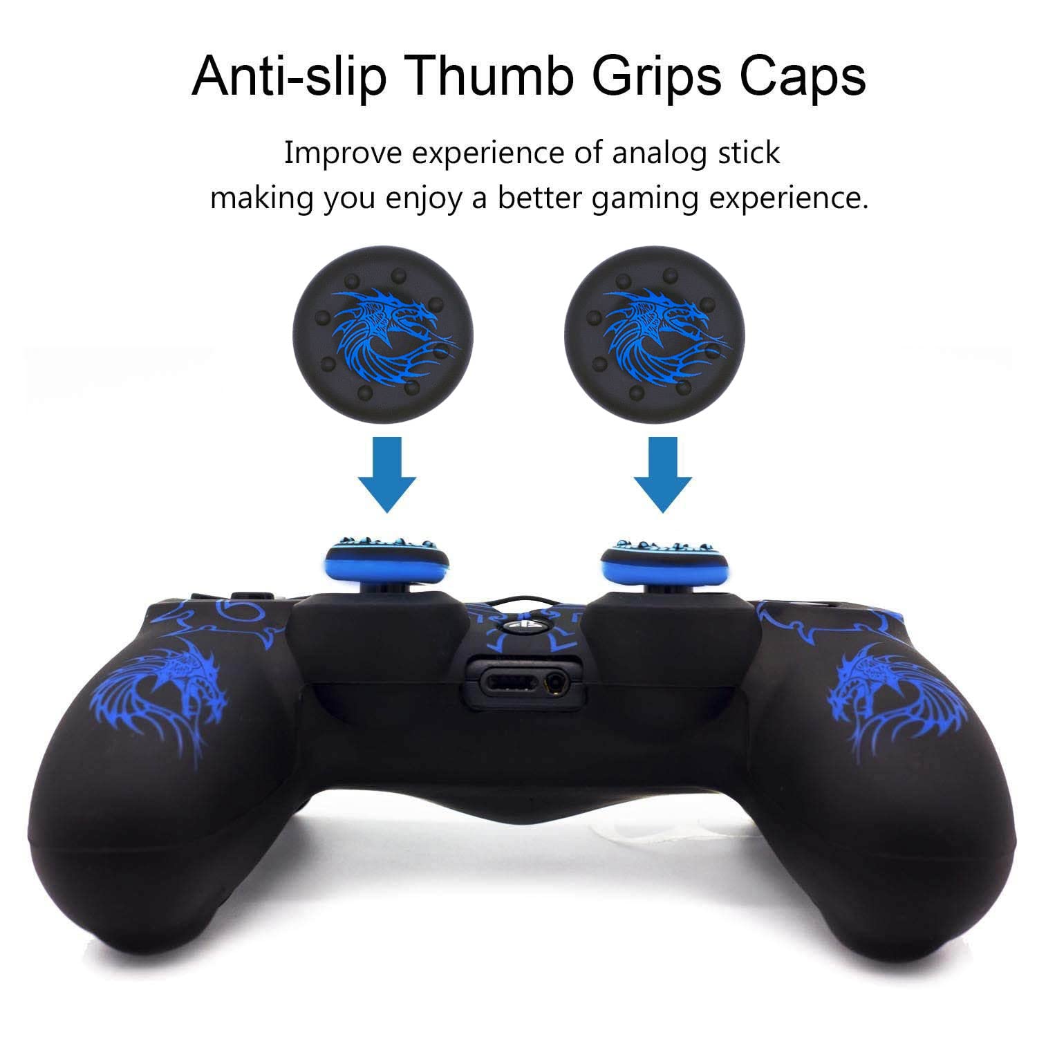 Controller Skin for PS4,BRHE Anti-Slip Grip Silicone Cover Protector Case Compatible with PS4 Slim/PS4 Pro Wireless/Wired Gamepad Controller with 2 Dragon Carving Thumb Grip Caps
