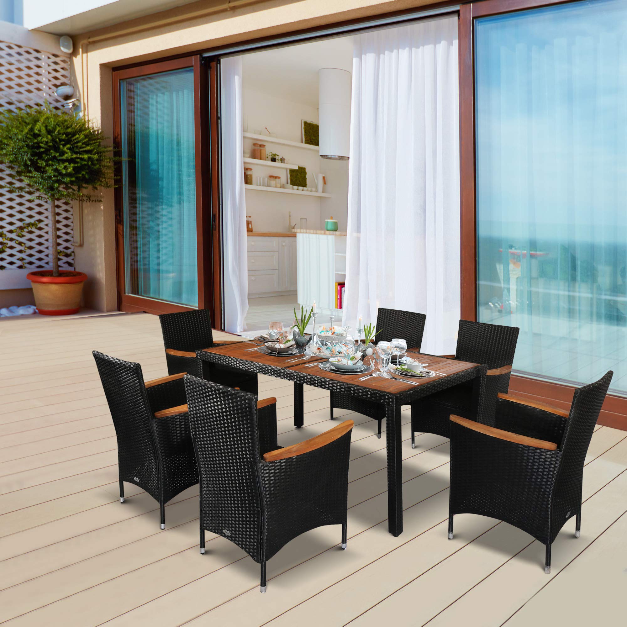 Outsunny 7 Pieces Outdoor Dining Set for 6, Wicker Rattan Patio Furniture Set, Patio Table and Chairs Set with Cushions, Acacia Wood Table Top, Conversation Set for Garden Backyard Deck, Cream White