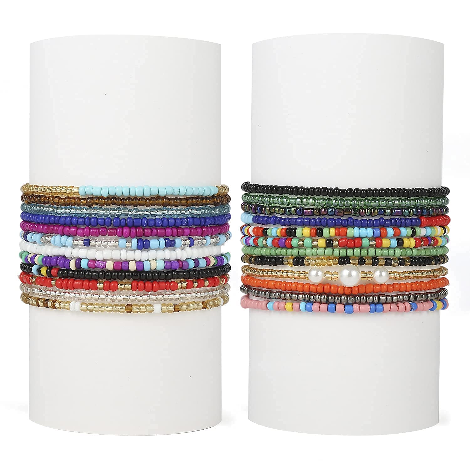 Dalinner 24Pcs Beaded Anklets for Women Handmade Boho Elastic Beaded Ankle Bracelets Set Colorful Anklets for Teen Cute Anklets