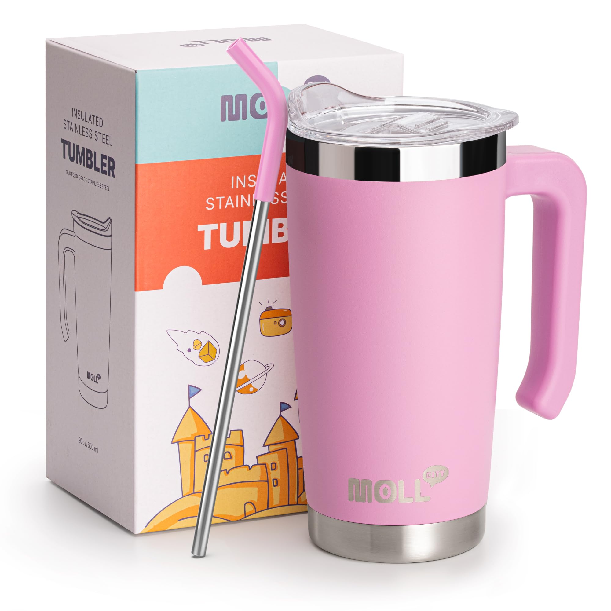 Mollcity Kids Insulated Tumbler with Straw-20 oz Stainless Steel Vacuum Travel Coffee Mug with Lid and Handle for Women and Girls, Reusable Metal Cup Leak Proof & BPA Free(Purple Pink)