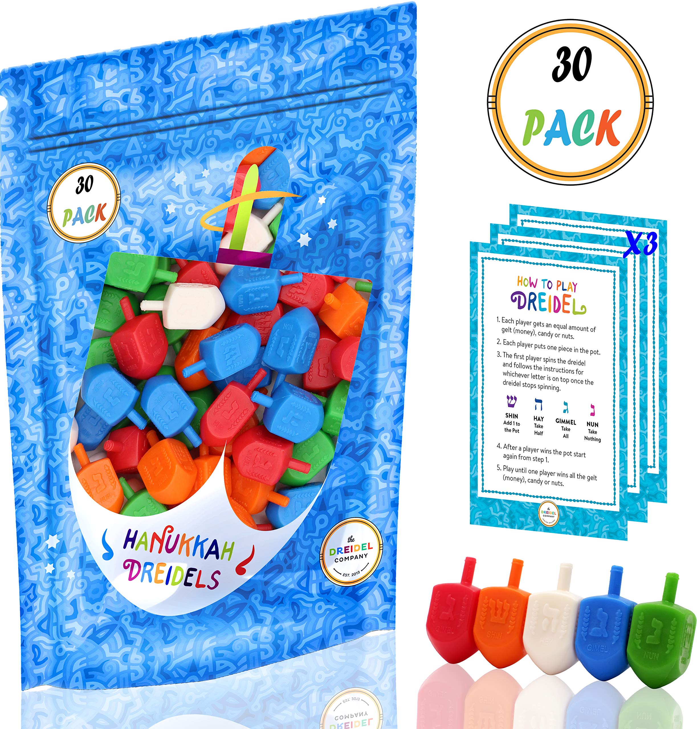 The Dreidel Company Hanukkah Dreidels Multicolor Plastic Chanuka Dreidels with English Transliteration - Includes Dreidel Game Instruction Cards (30-Pack)