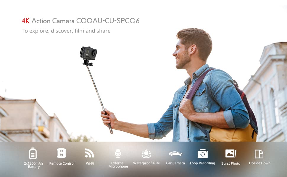 COOAU Action Camera HD 4K 20MP WiFi with External Microphone, Underwater Camera 40M with Remote Control, Waterproof Sport Camera 170° Wide Angle Time Lapse, 2x1200mAh Batteries/16 Accessories