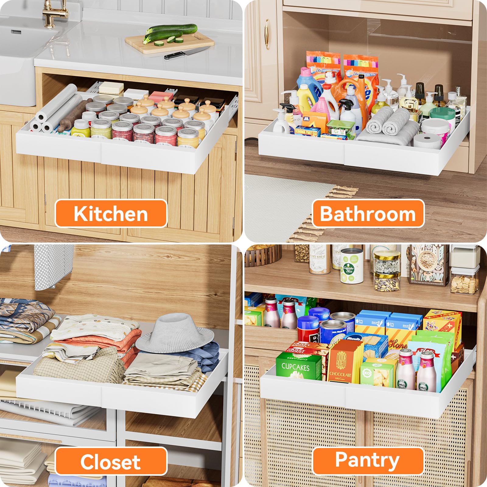 Expandable Pull Out Cabinet Organizer - Slide Out Cabinet Drawer Adhesive Kitchen Sliding Drawers with 4pcs Divider Racks for Pantry Bathroom Under Sink Home Storage, Width 12.2"-20.7",White