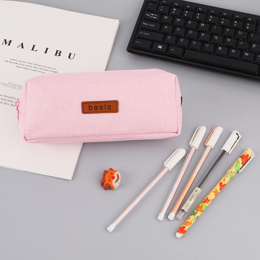 Oyachic Small Pencil Case Zipper Coin Pouch Canvas Pen Holder Marker Cosmetic Makeup Bag for Office Compact Adult Business,Pink