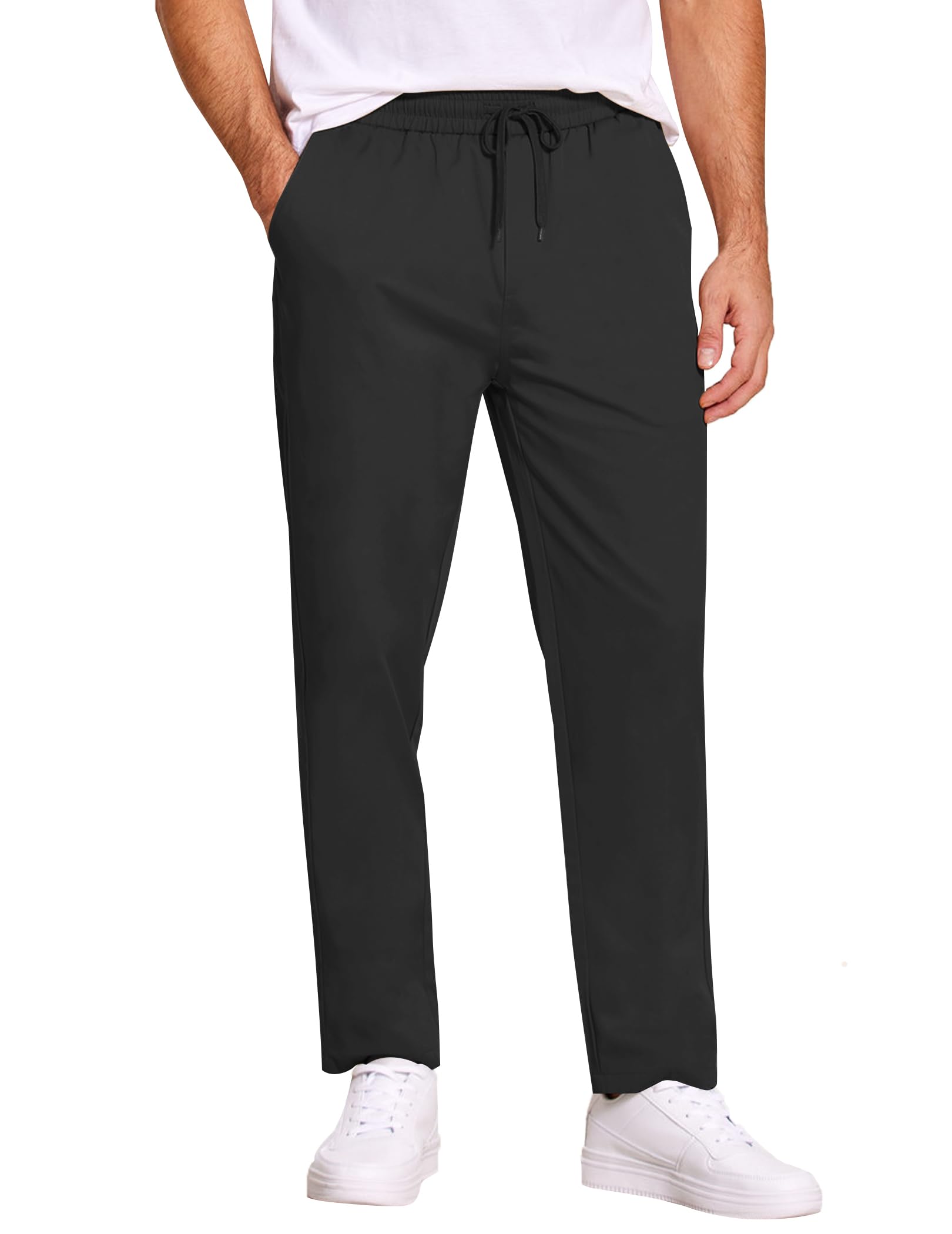COOFANDY Men's Casual Drawstring Pants Regular Fit Elastic Waist Cotton Basic Straight Leg Cargo Pants Black