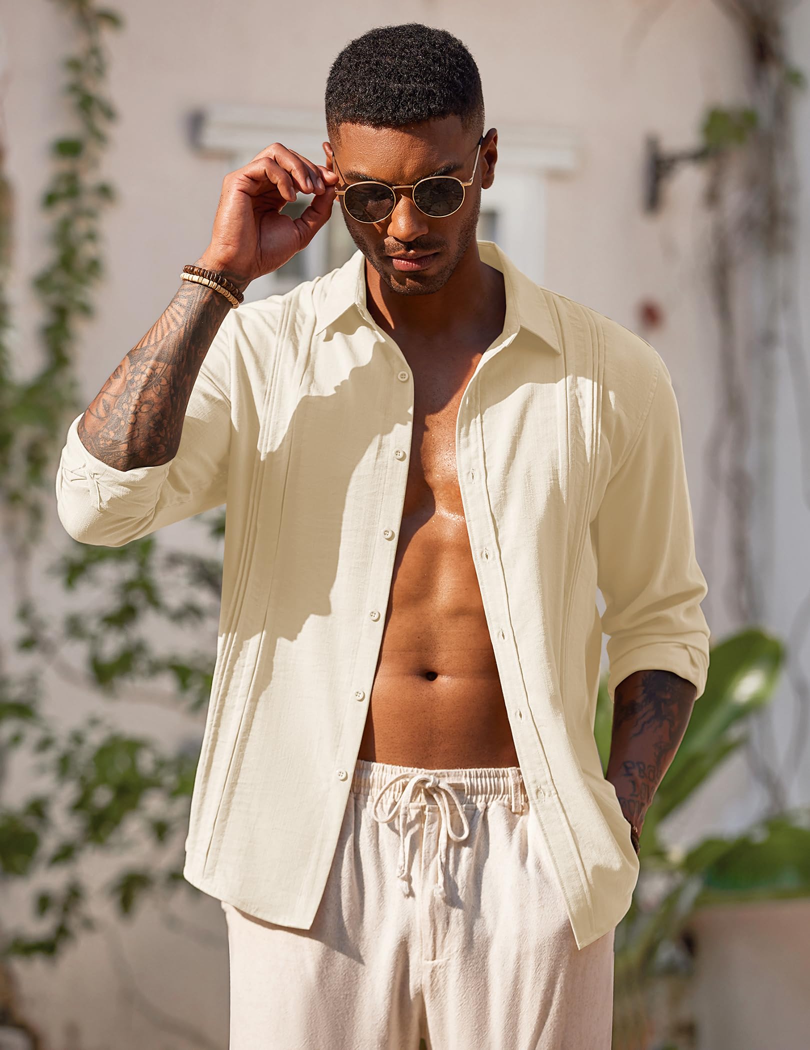 COOFANDY Men's Collared Cruise Shirt Linen Long Sleeve Button Down Shirts Summer Tropical Hawaiian Shirts Light Green