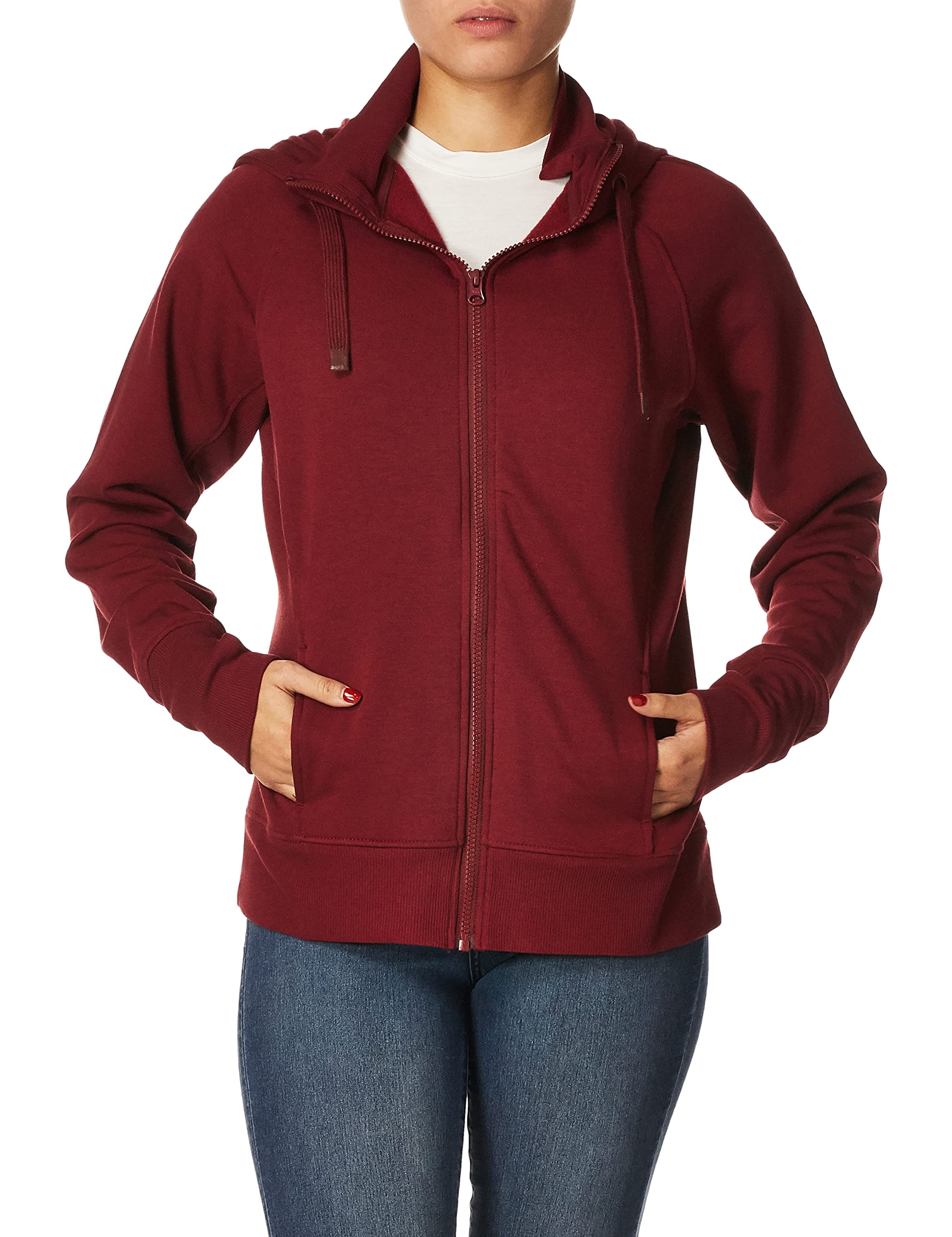Danskin Women's Double Collar Full Zip Hooded Jacket, Burgundy, X-Large