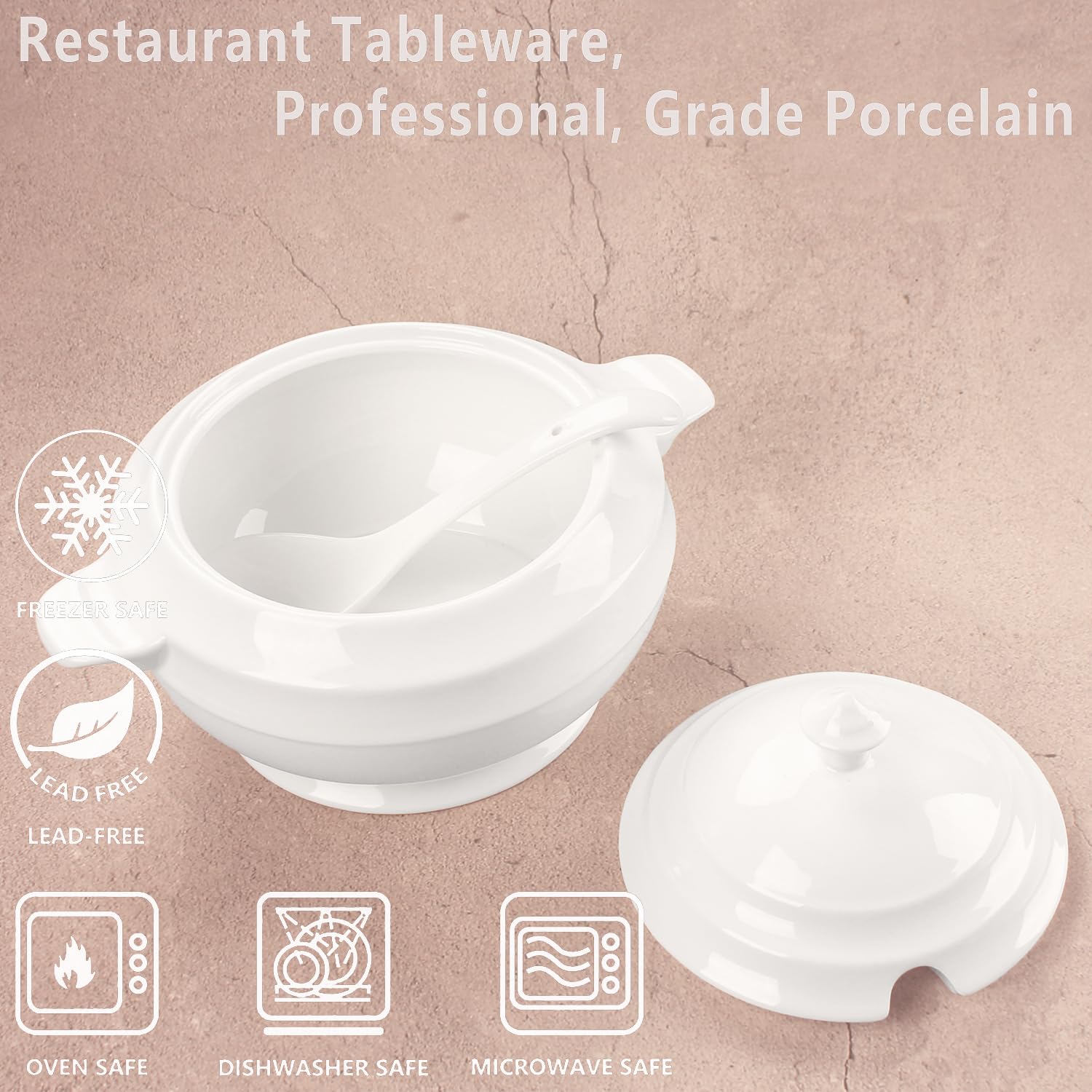 jinsongdafa Casserole Dish with Serving Handle, Soup pot 1.6-quart, French White Ceramic Tureen with Lid and Ladle, for Dinner and Party, Microwave, Dishwasher, Oven Safe 10.2 Inch