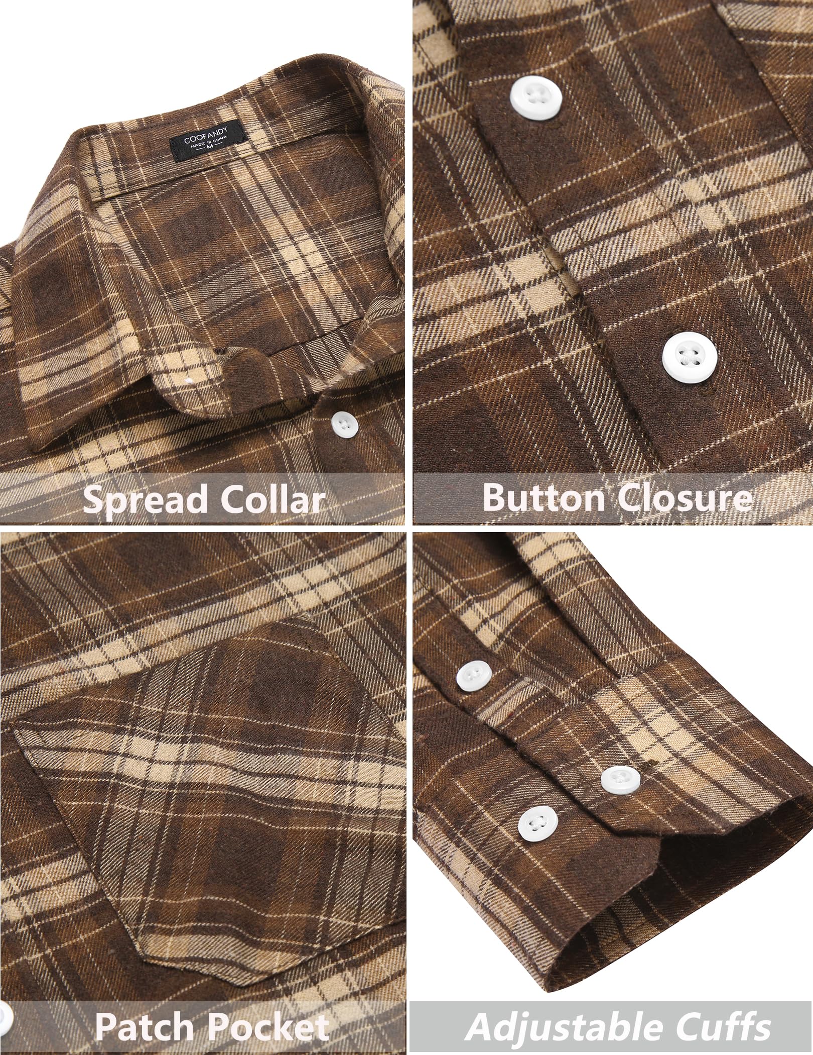 COOFANDY Mens Flannel Plaid Shirts Long Sleeve Casual Button Down Shirts Western Cowboy Shirts Brown