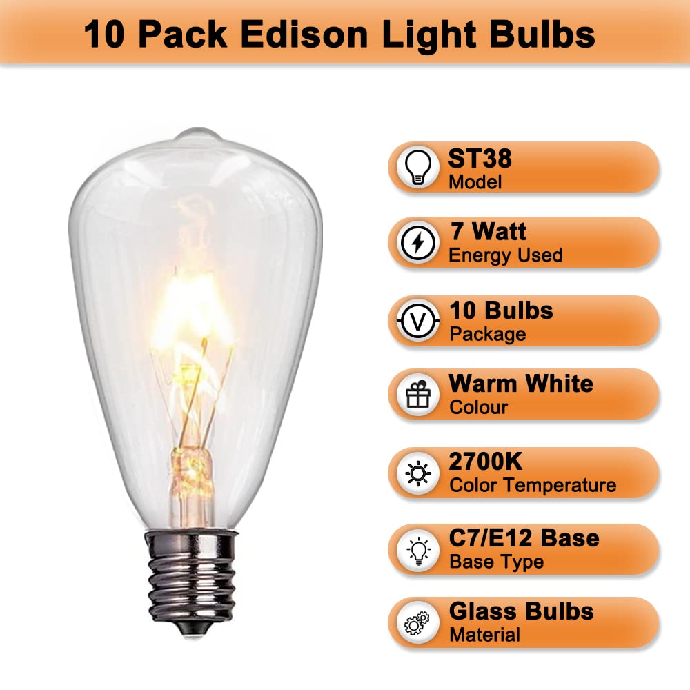 Dr.BeTree 10 Pack Edison Light Bulbs, Clear Replacement Bulbs, ST38 Glass Night Lights Bulbs, 7 Watts C7/E12 Screw Base for Indoor Outdoor Patio String Lights