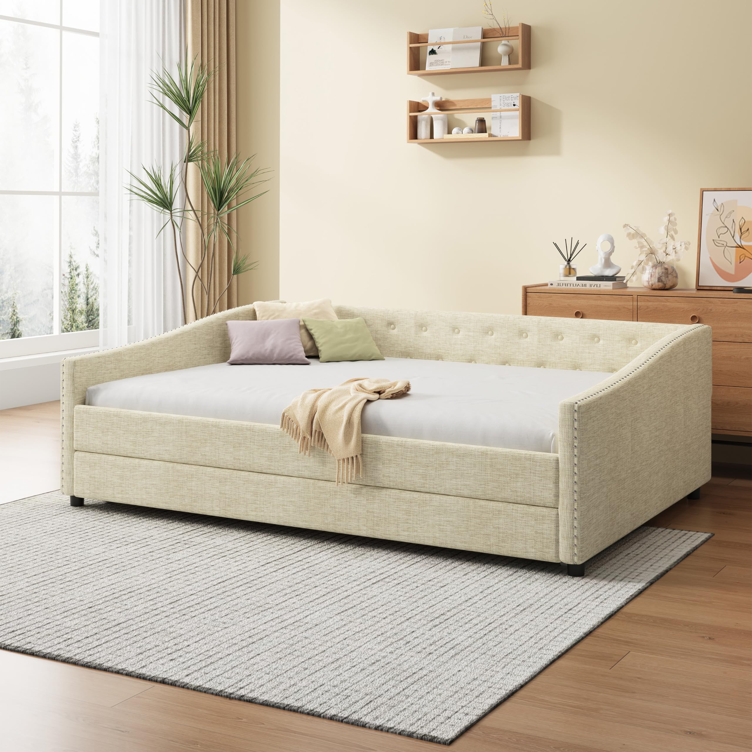 Jintop Full Size Velvet Upholstered Tufted Daybed with 2 Drawers,Modern Wood Bed Frame w/Armrests,Slat Support,No Box Spring Needed,Daybeds for Apartment,Bedroom,Guest Room,Beige