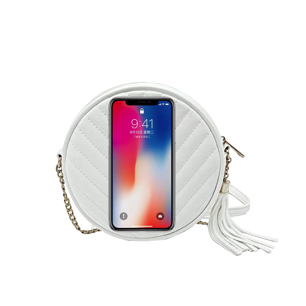 theops Small Crossbody Bags for Women Circle Quilted Purse Faxu Leather Shoulder Round bag, White, Medium