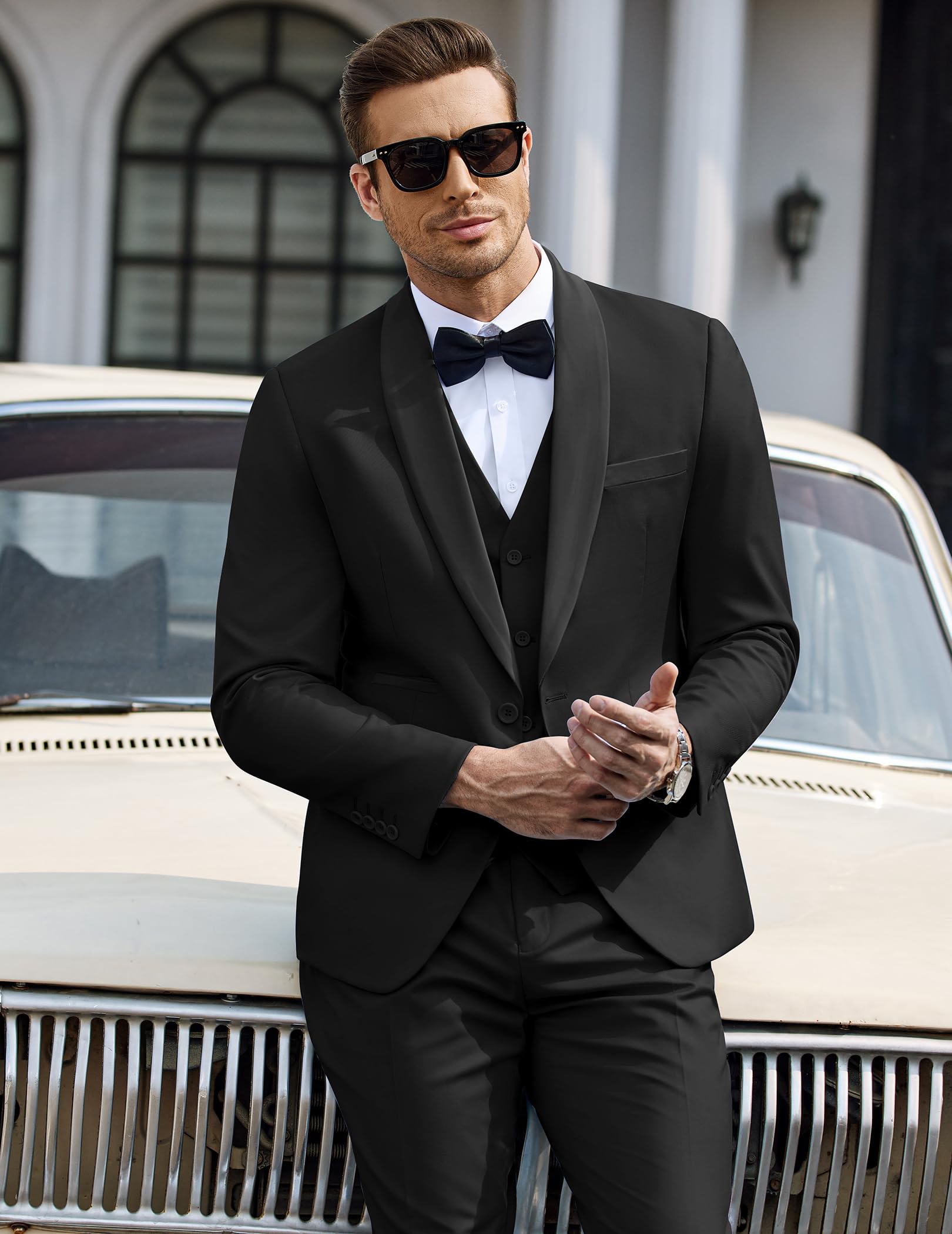 COOFANDY Mens Slim Fit 3 Piece One Button Business Wedding Prom Suits Blazer Tux Vest & Trousers Black X-Large
